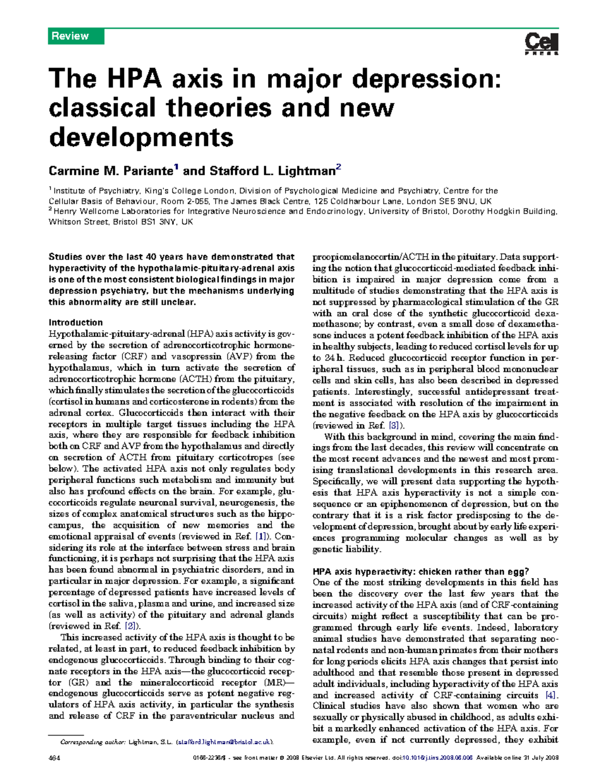 HPA Axis in Major Depression: Classical Theories & New Developments ...