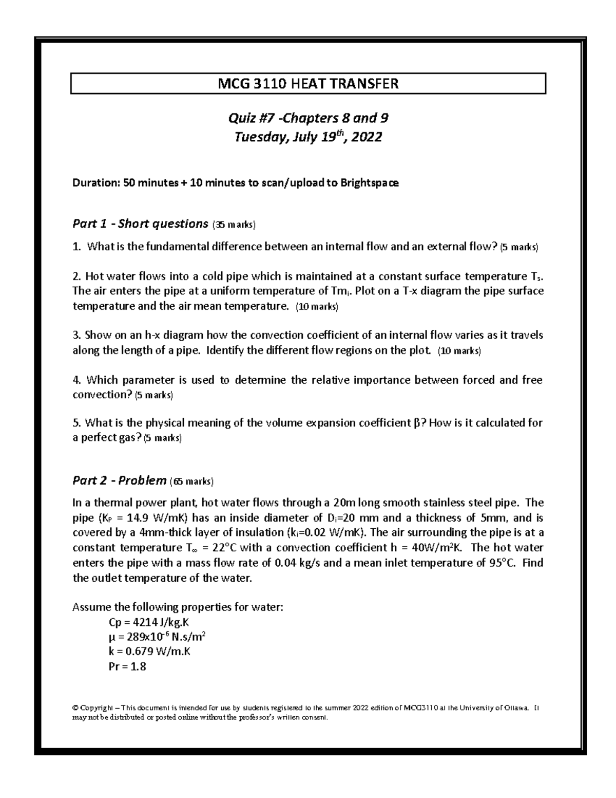 Quiz 7 MCG 3110 - Heat Transfer Chapters 8 & 9 Exam Questions - Studocu