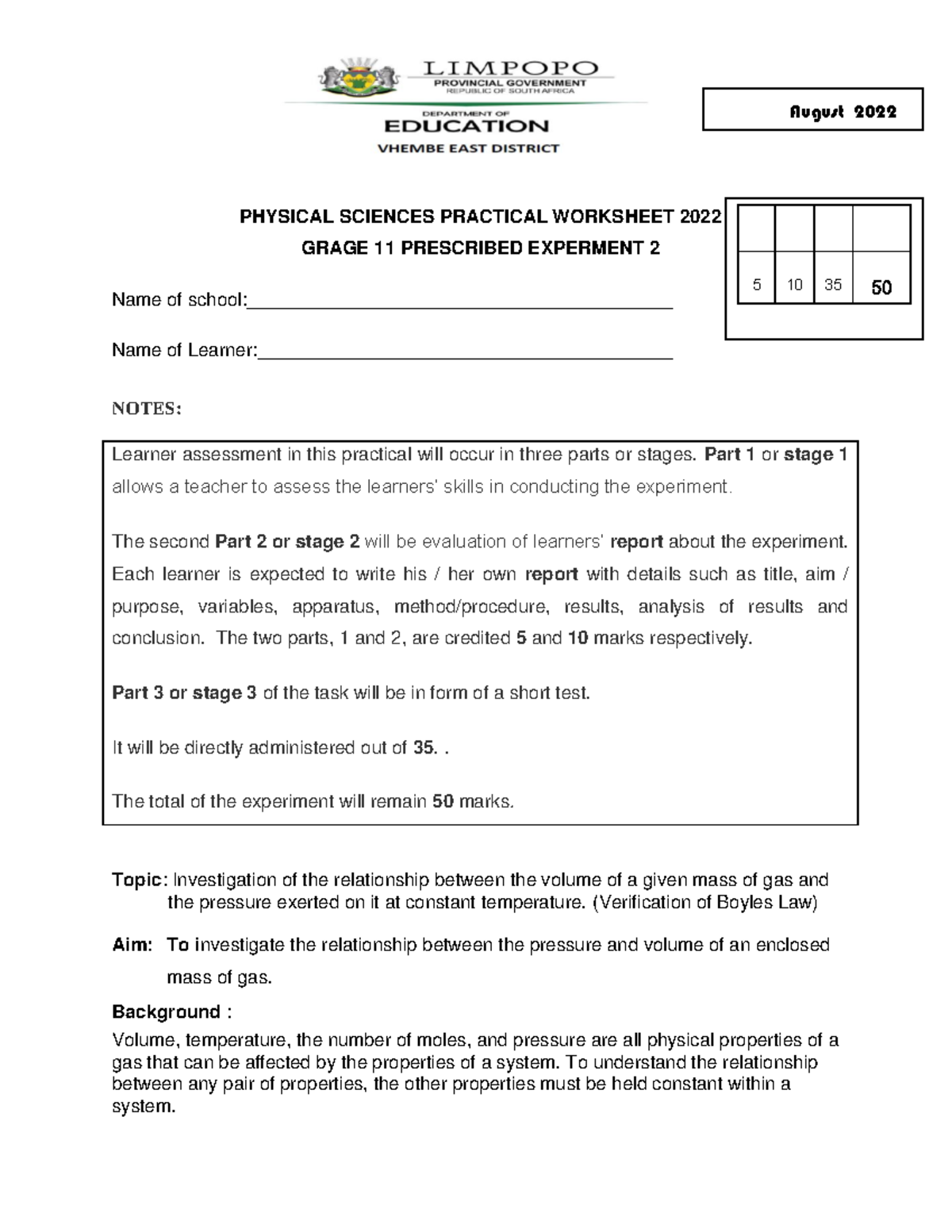 2022 Physical Sciences GR 11 Experiment 2 - PHYSICAL SCIENCES PRACTICAL ...