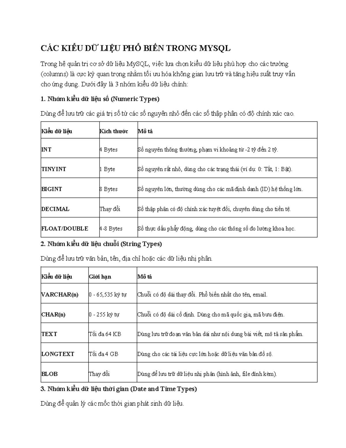 CÁC KIỂU DỮ LIỆU PHỔ BIẾN TRONG MYSQL: HƯỚNG DẪN CHI TIẾT - Studocu