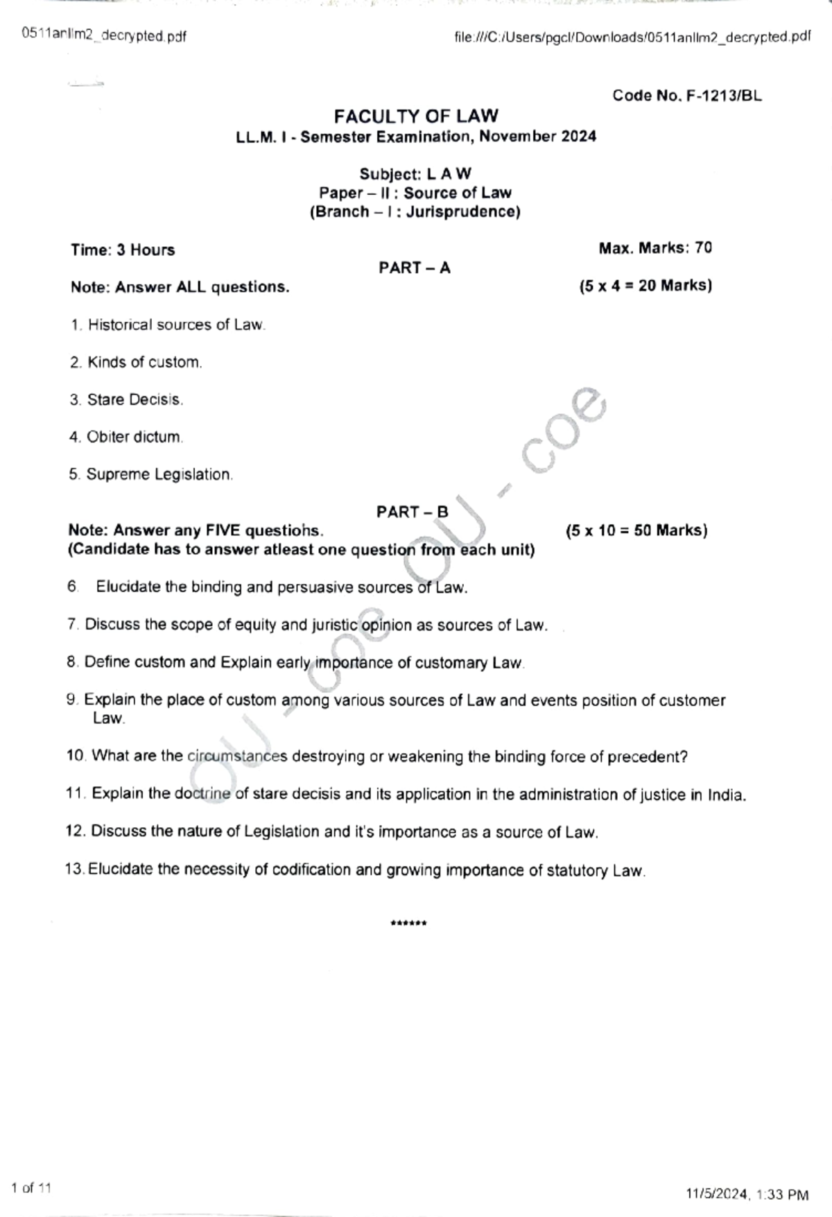Osmania LLM Sem 1 Paper II: Sources of Law (Jurisprudence) Question ...
