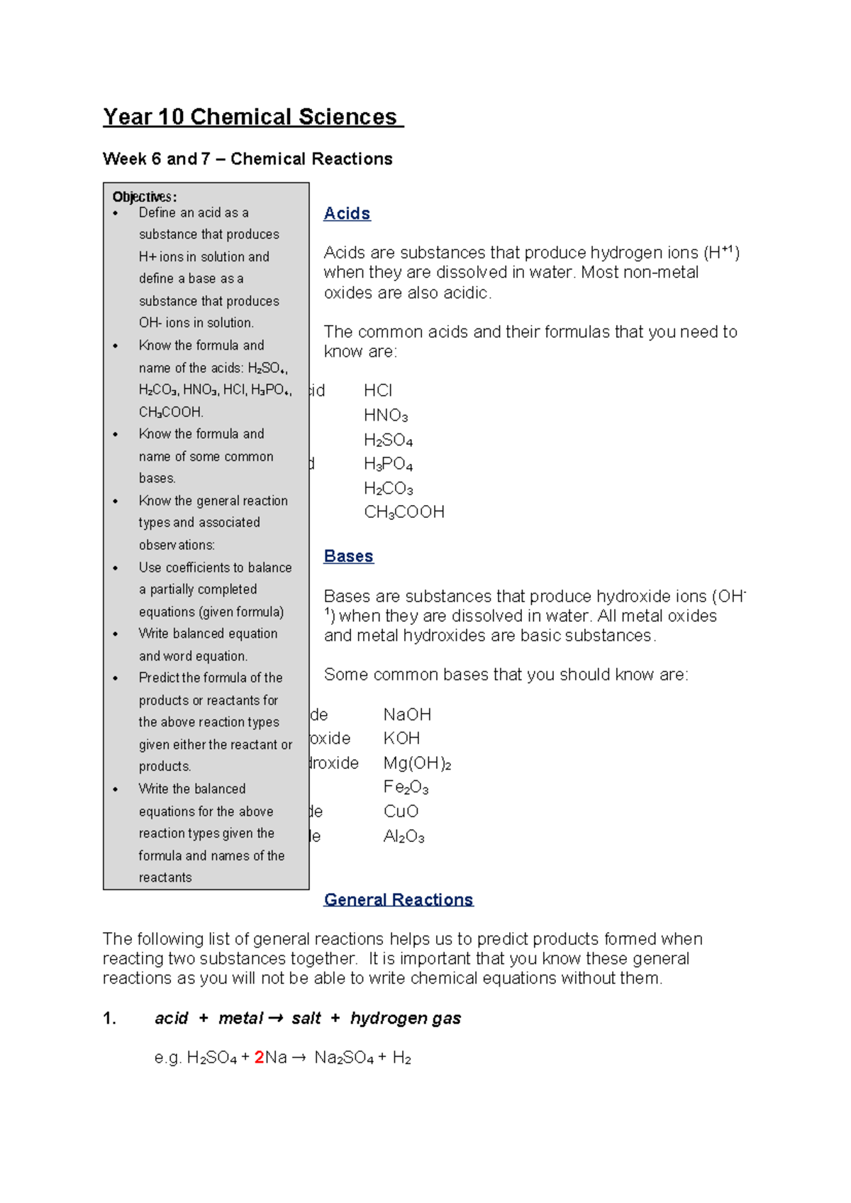 Year 10 Chemical Sciences: Week 6 & 7 Chemical Reactions Overview - Studocu
