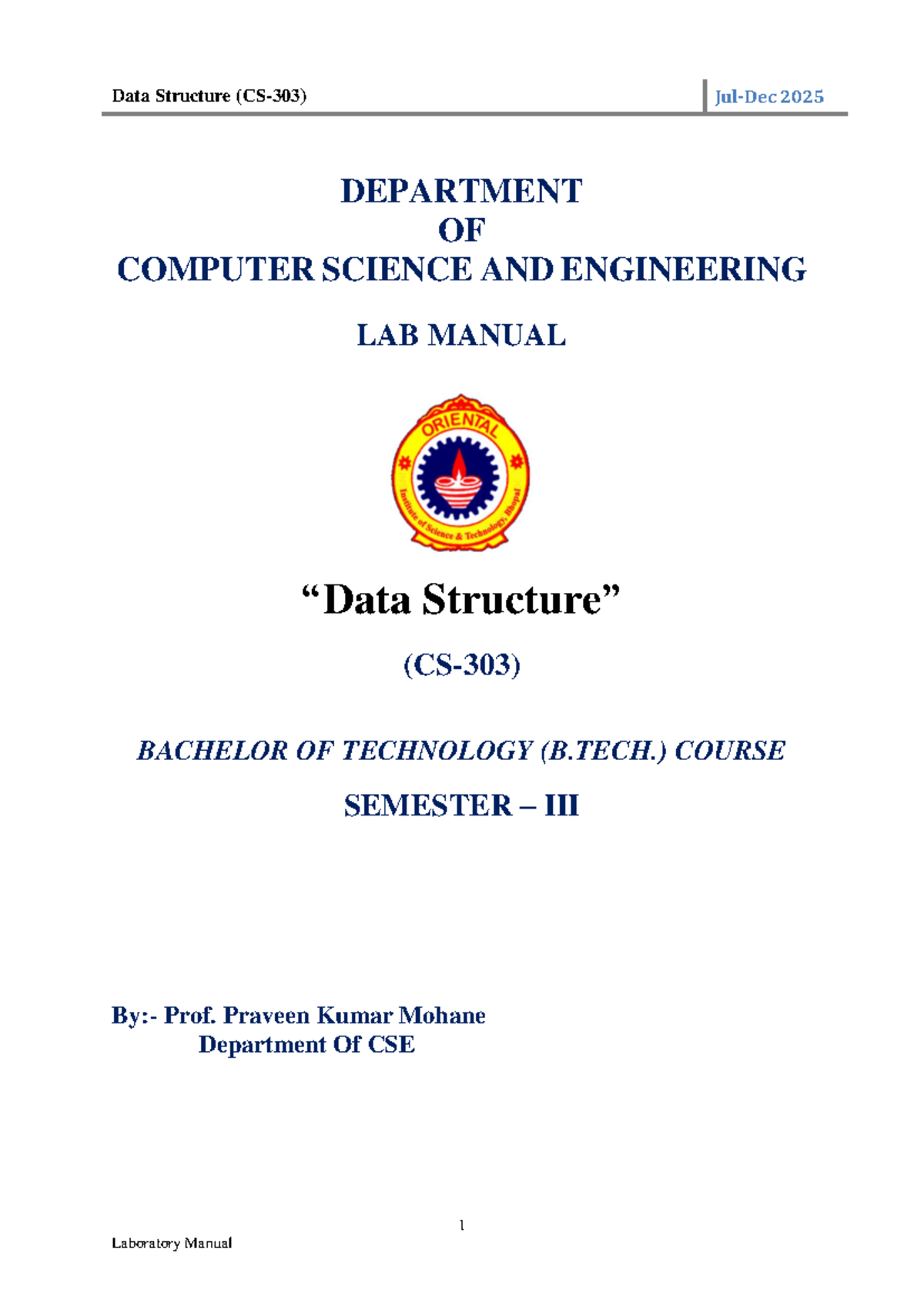 DSA CS-303 Lab Manual: Data Structures Experiments (July-Dec 2025) - Studocu