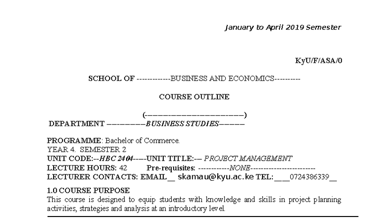 HBC 2404 Project Management Course Outline (Jan-Apr 2019) - Studocu