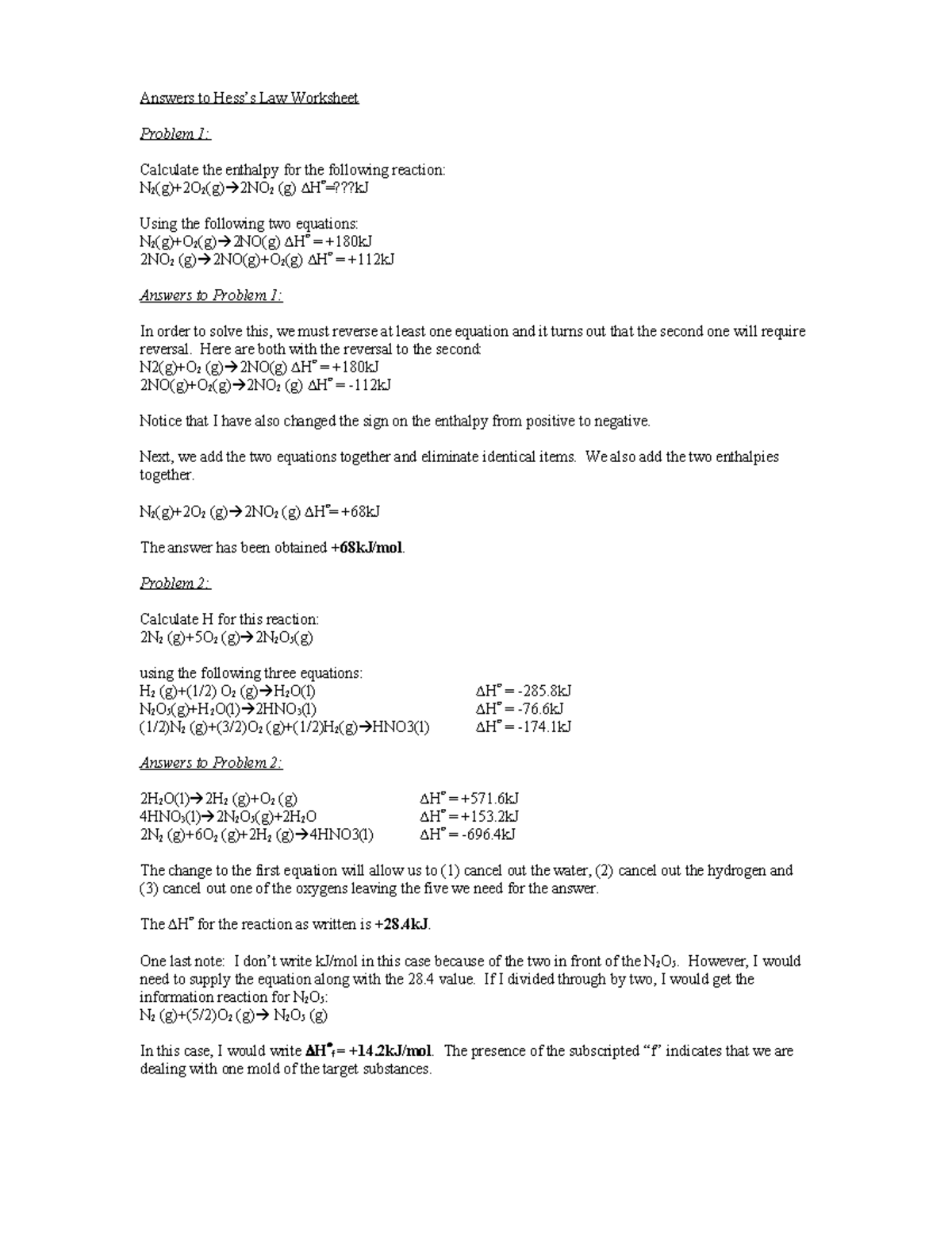 Additional Hess law with answers - Answers to Hess’s Law Worksheet ...