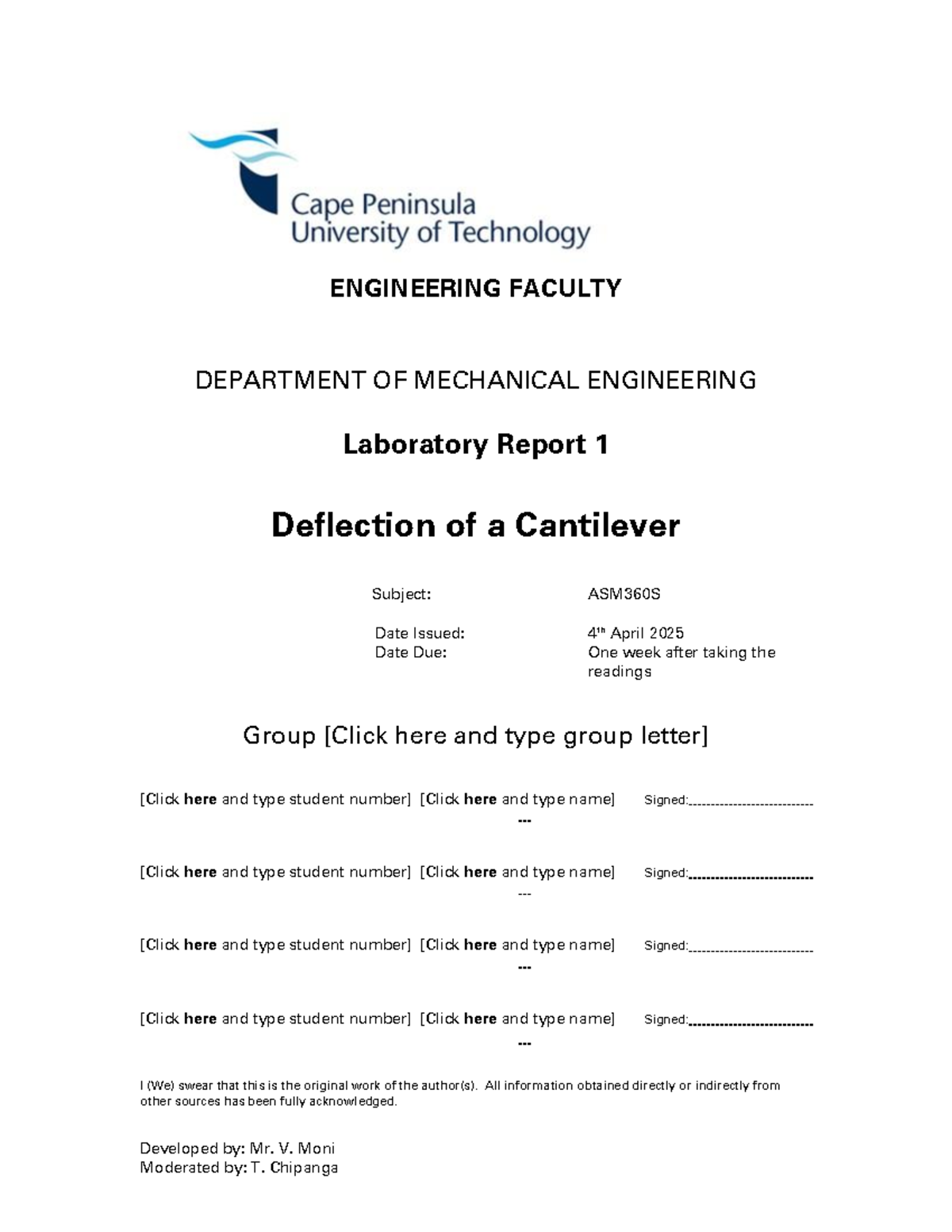 Laboratory Report: Deflection of a Cantilever (ASM360S) - Studocu