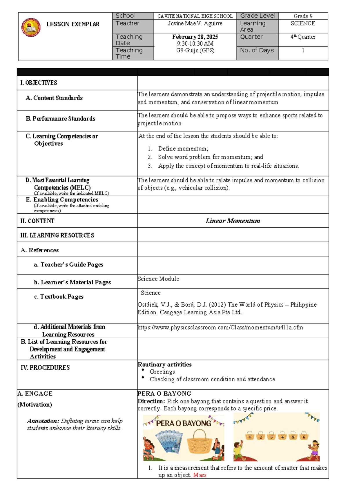 Grade 9 Science Lesson on Momentum (CO4 LE) - Studocu