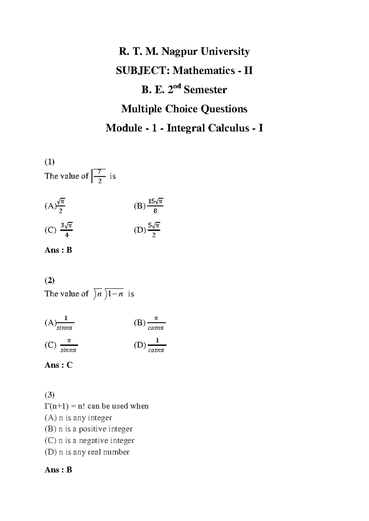 M-2-MCQs - Integral Calculus for Mathematics II B.E. 2nd Sem - Studocu