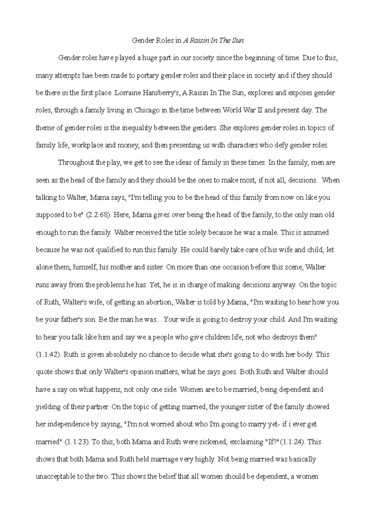 Lorraine Hansberry - A Raisin in the sun - Summary and analysis Act 1 ...