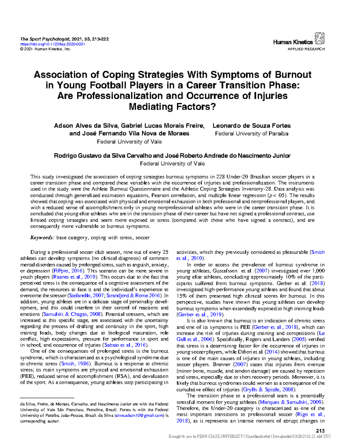 Coping Strategies and Burnout Symptoms in Young Football Players (TSP-2020-0031) - Studocu