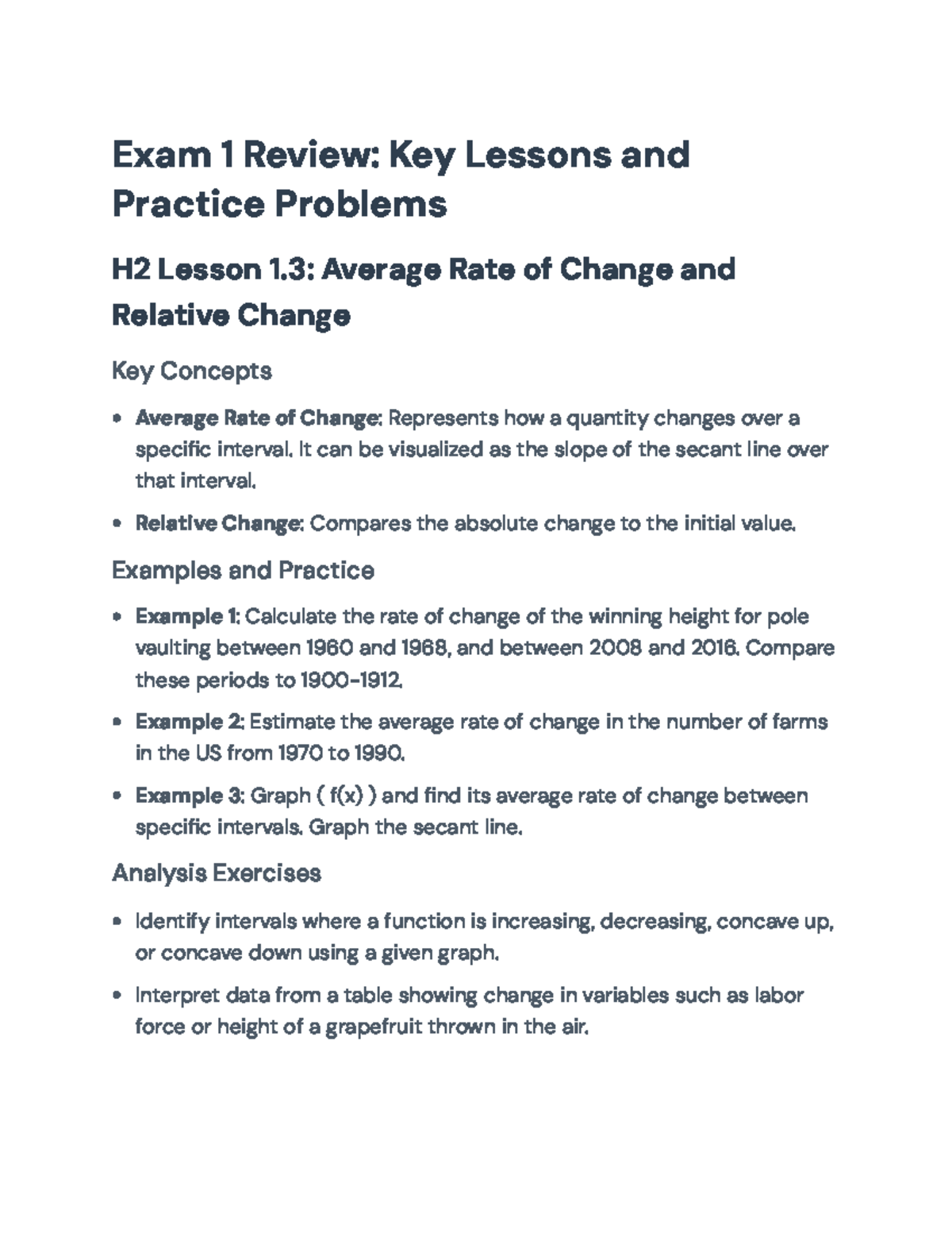Exam 1 Review: Key Concepts in Rate of Change, Functions, and Economics ...