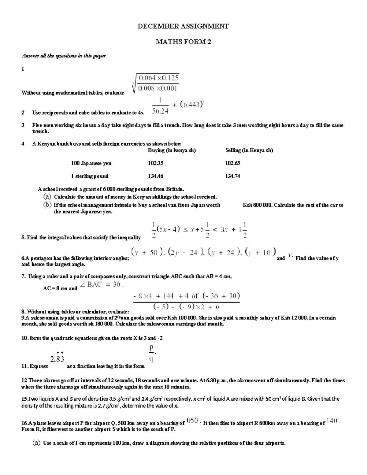 Maths Form 2 December Assignment - Problem Solving Guide - Studocu