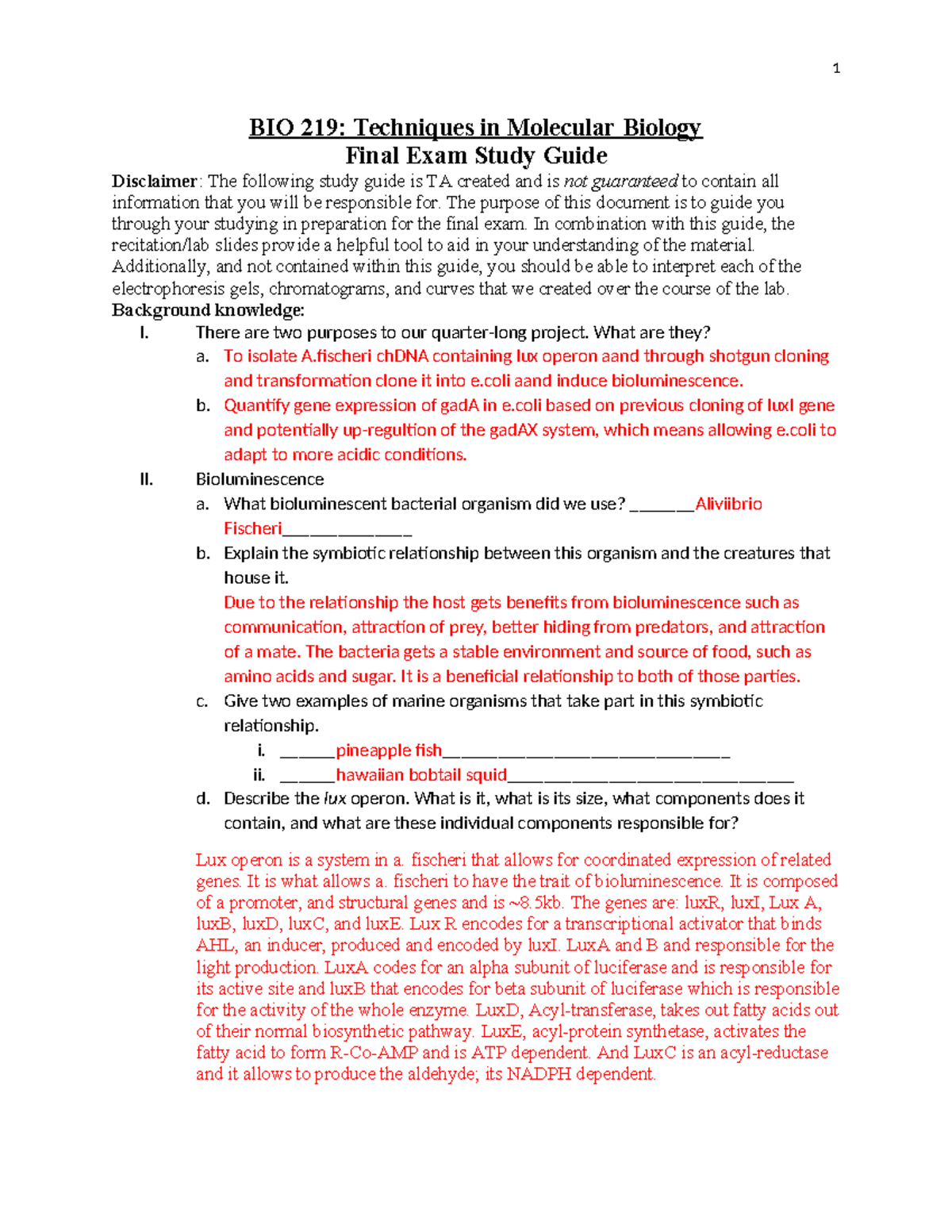 Final Exam Study Guide Fa2018 (1) - BIO 219: Techniques in Molecular ...