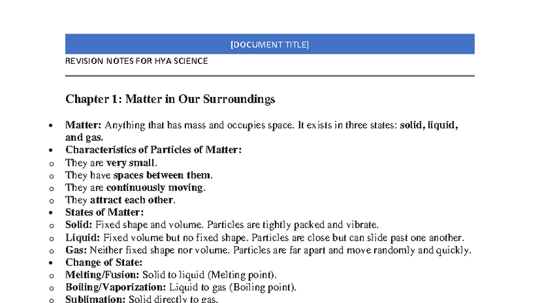 Revision Notes for HYA Science: Matter, Cells, and Tissues - Studocu