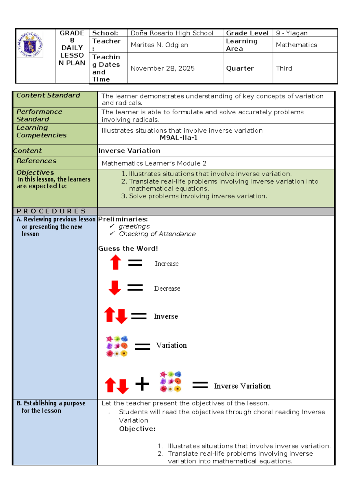 GRADE 8 MATH LESSON PLAN: Exploring Inverse Variation - Studocu
