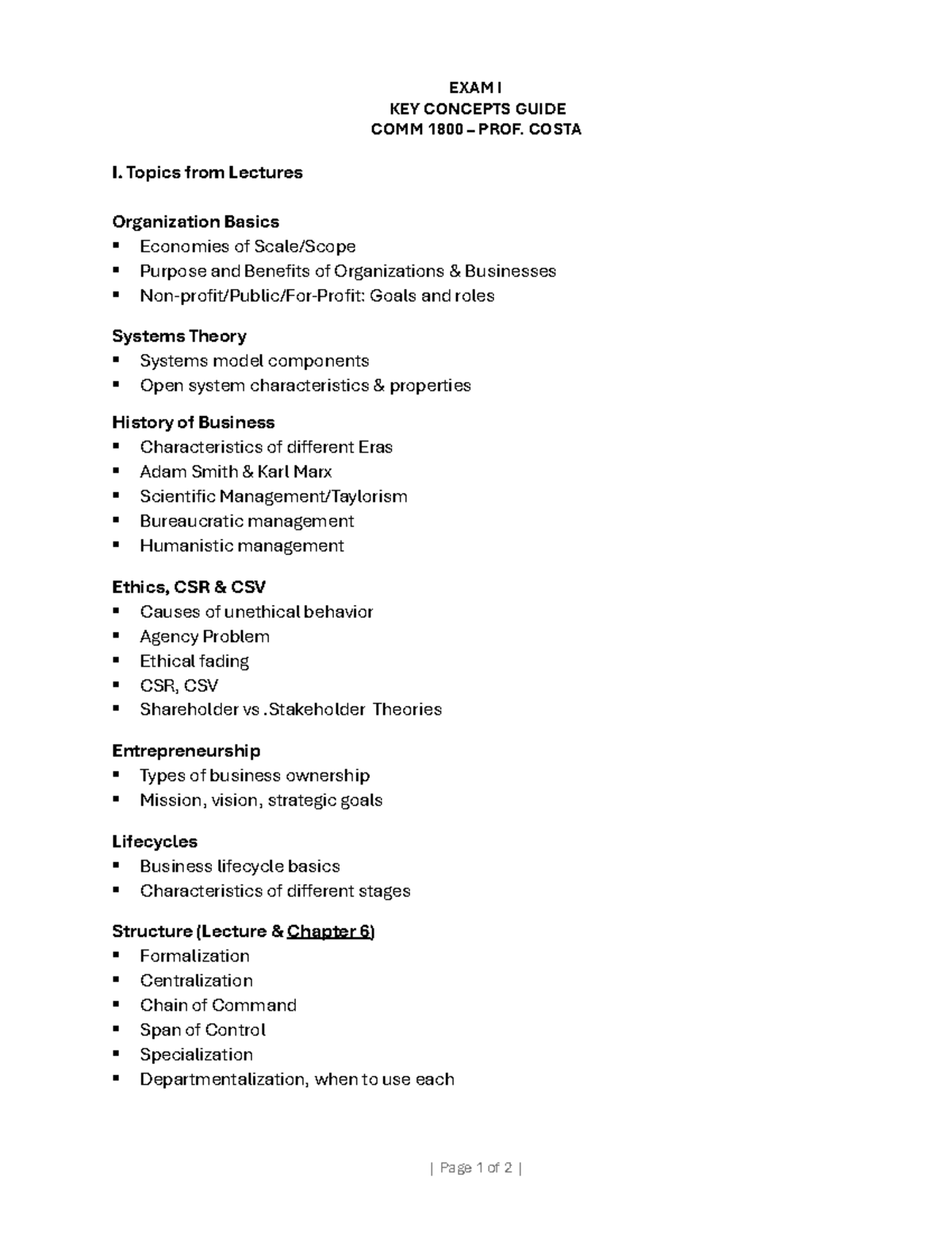 COMM 1800 Exam I Key Concepts Guide - Prof. Costa - Studocu