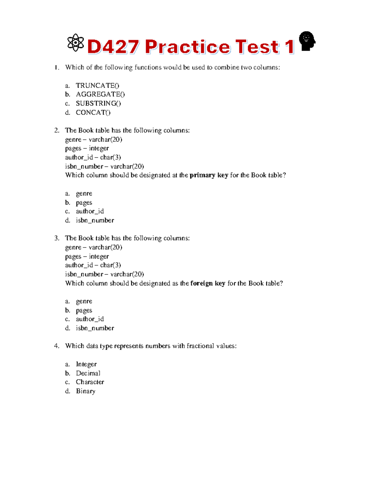 D427 Practice Test 1: SQL Concepts and Queries with Answer Key - Studocu