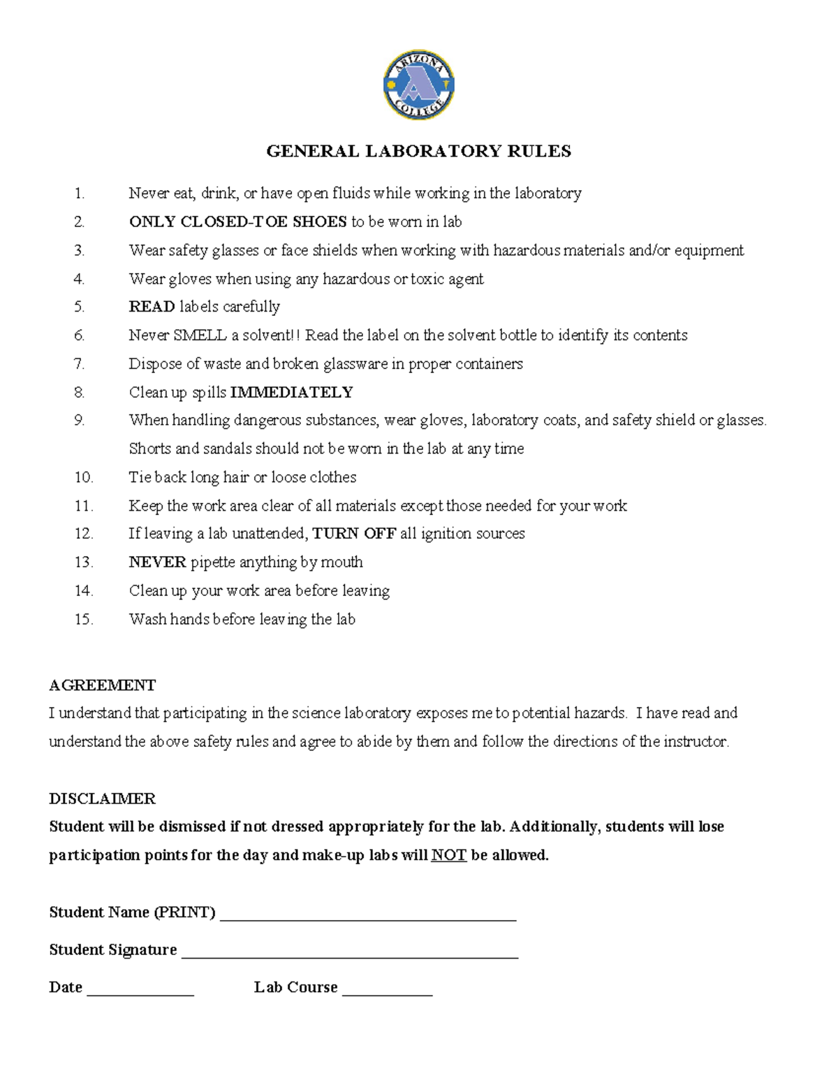 General Laboratory Rules (Student) - GENERAL LABORATORY RULES 1. Never ...