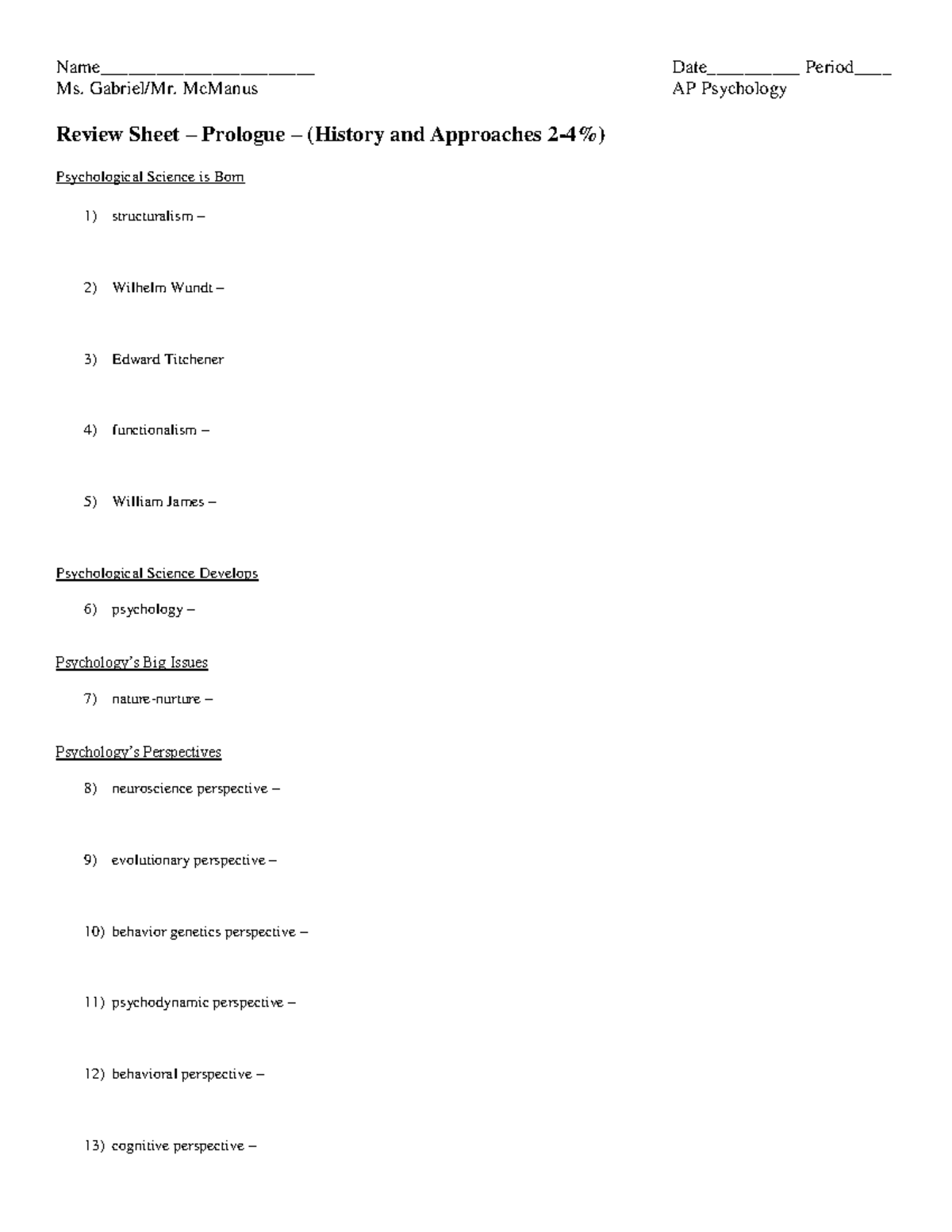 AP Psychology Review Sheet - Prologue: History & Approaches - Studocu