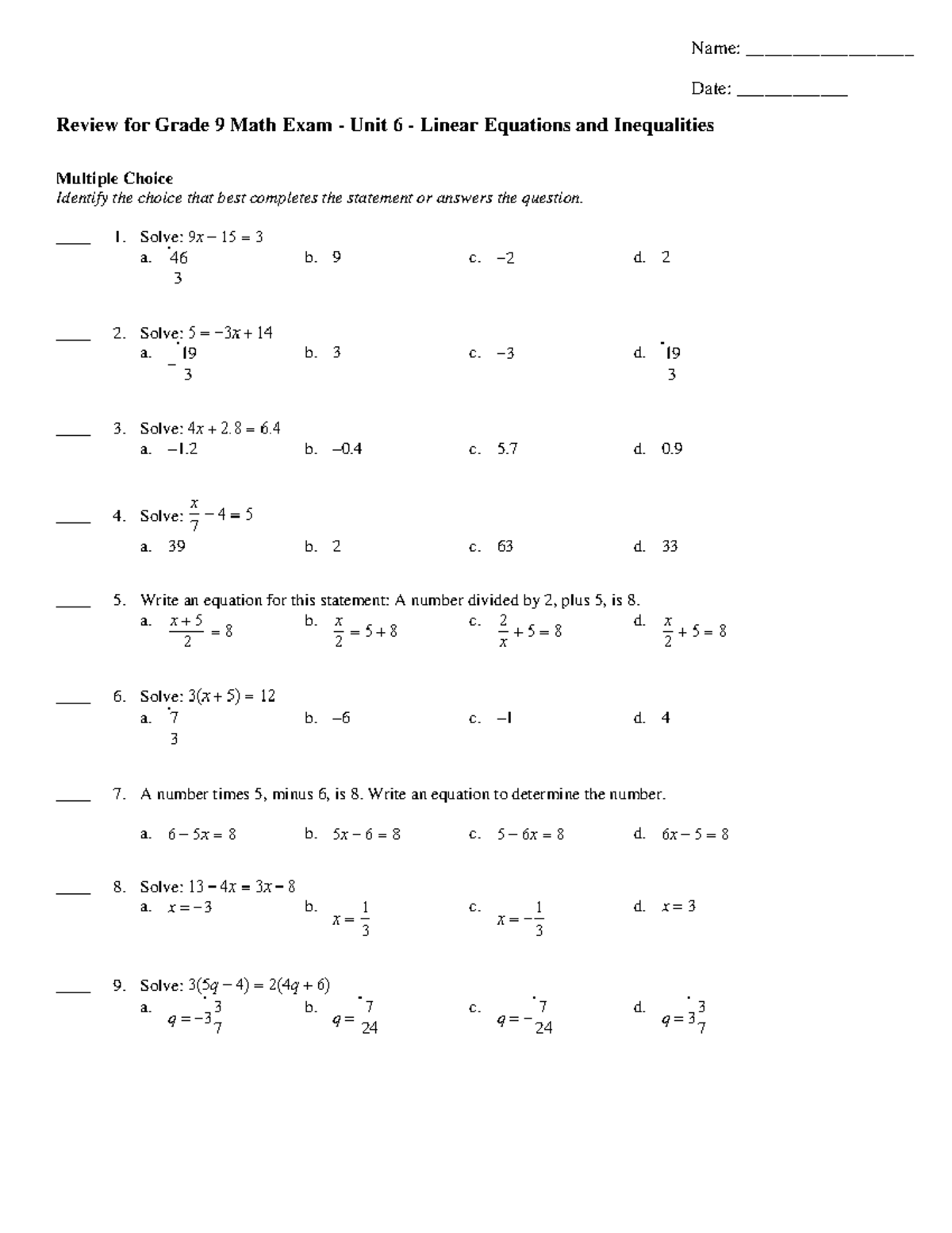 Grade 9 Math Exam Review: Unit 6 Linear Equations & Inequalities - Studocu