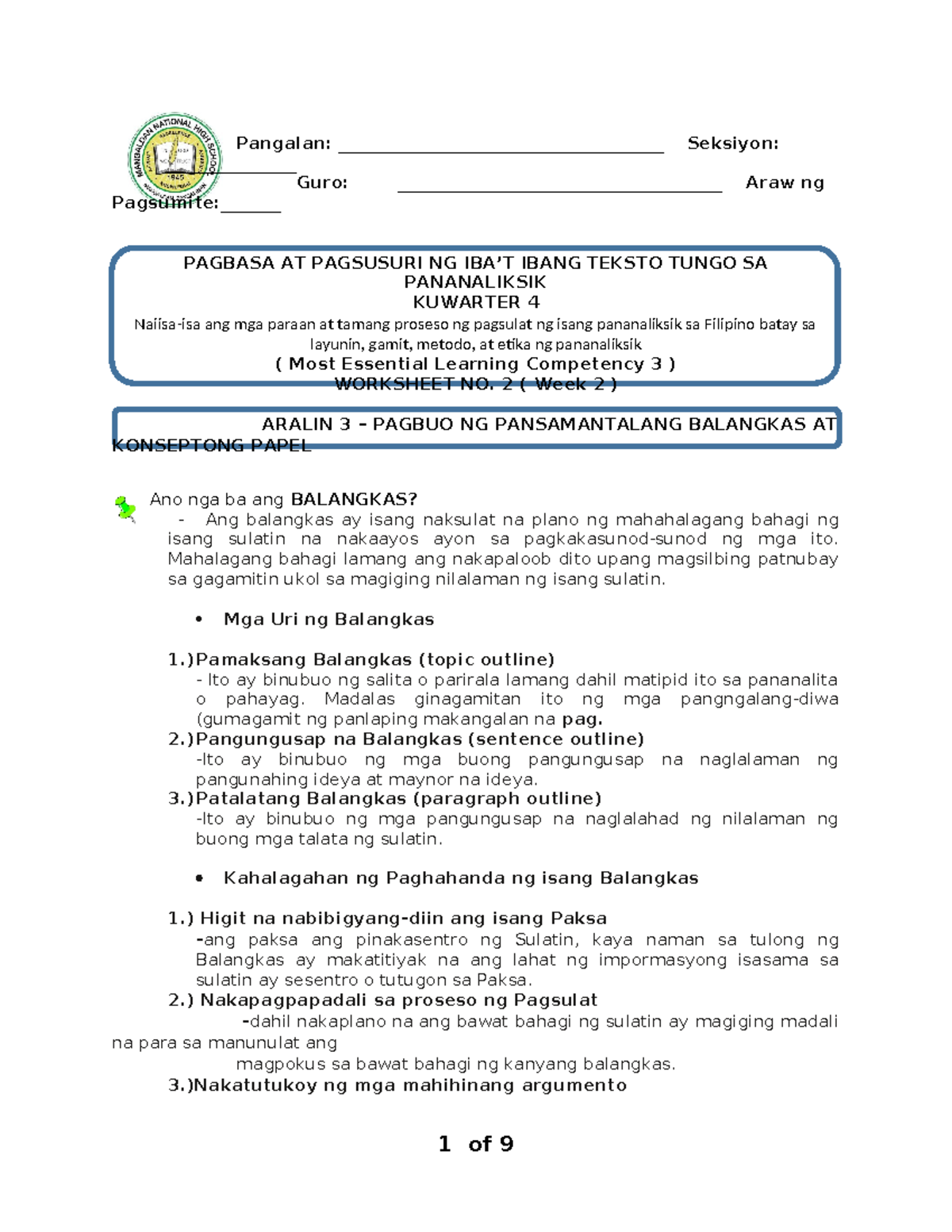 Pagbasa WEEK2 4th-2 - study - Pangalan: ______________________________________ Seksiyon: - Studocu