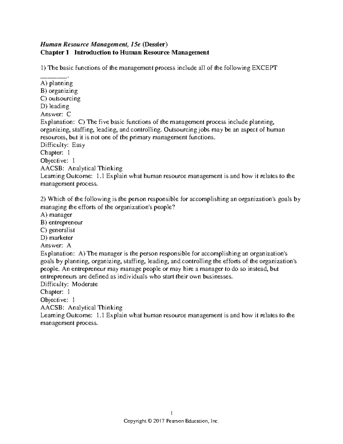 Chapter 01 - Introduction to Human Resource Management Quiz - Studocu