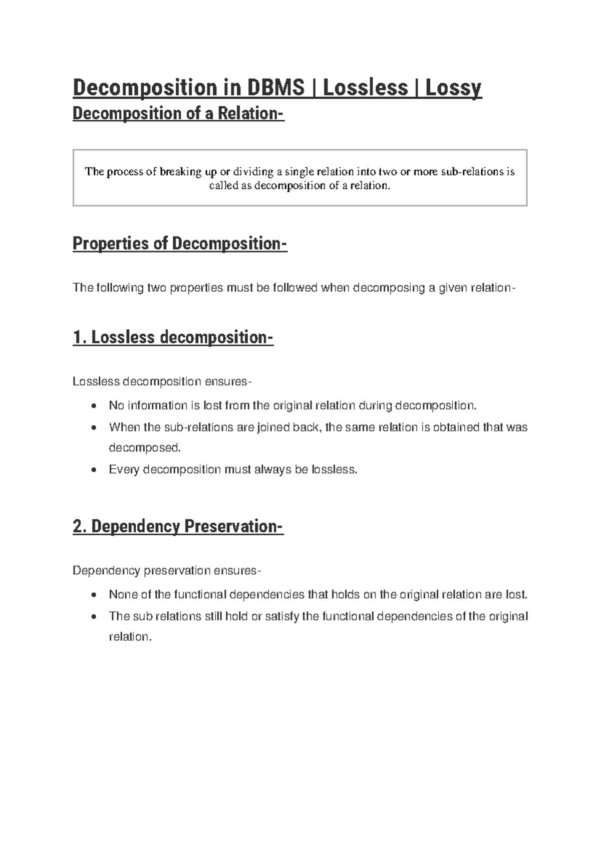 DBMS Decomposition: Understanding Lossy & Lossless Types - Studocu