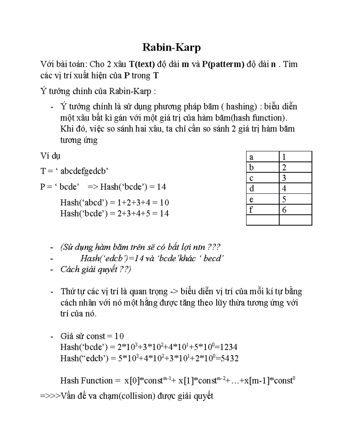 Rabin Karp - Rabin-Karp Với bài toán: Cho 2 xâu T(text) độ dài m và P ...