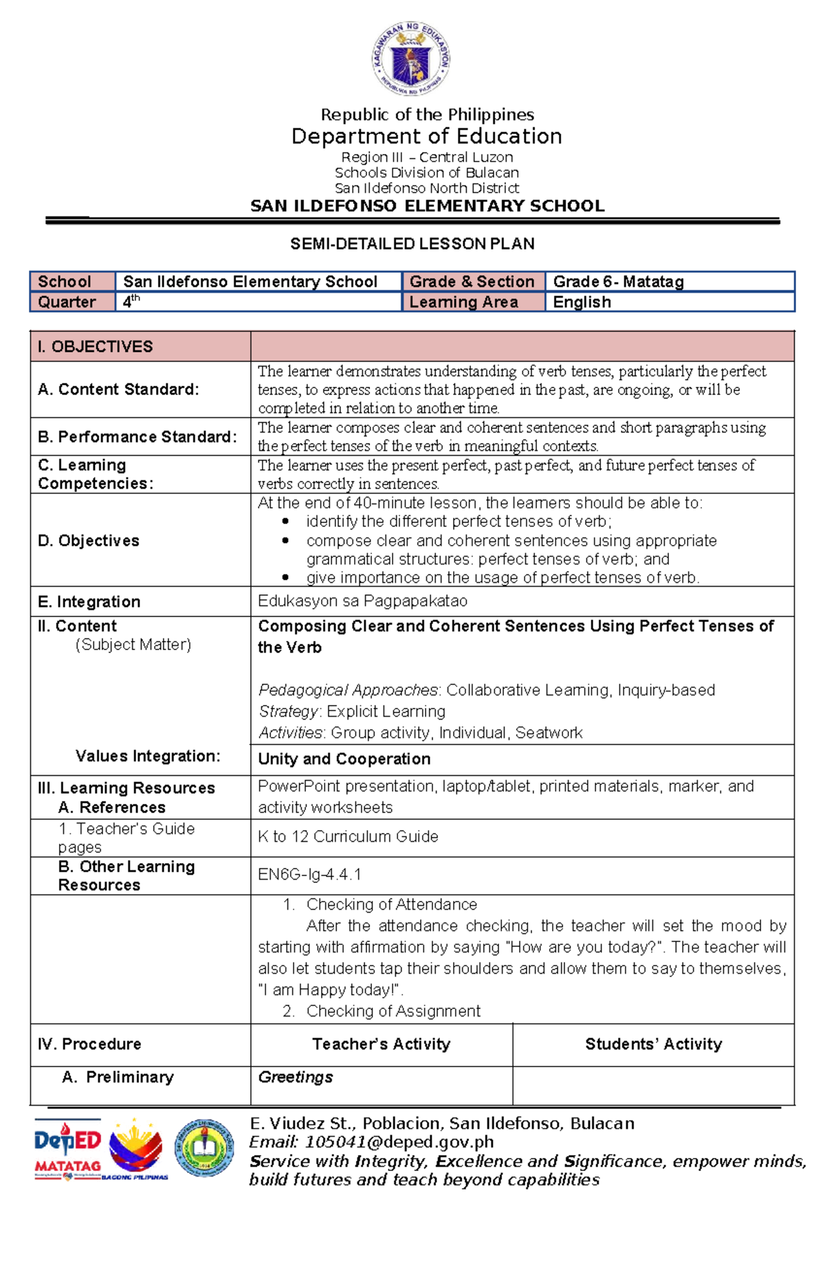 4th Grade English Lesson Plan: Perfect Tenses of Verbs - Studocu