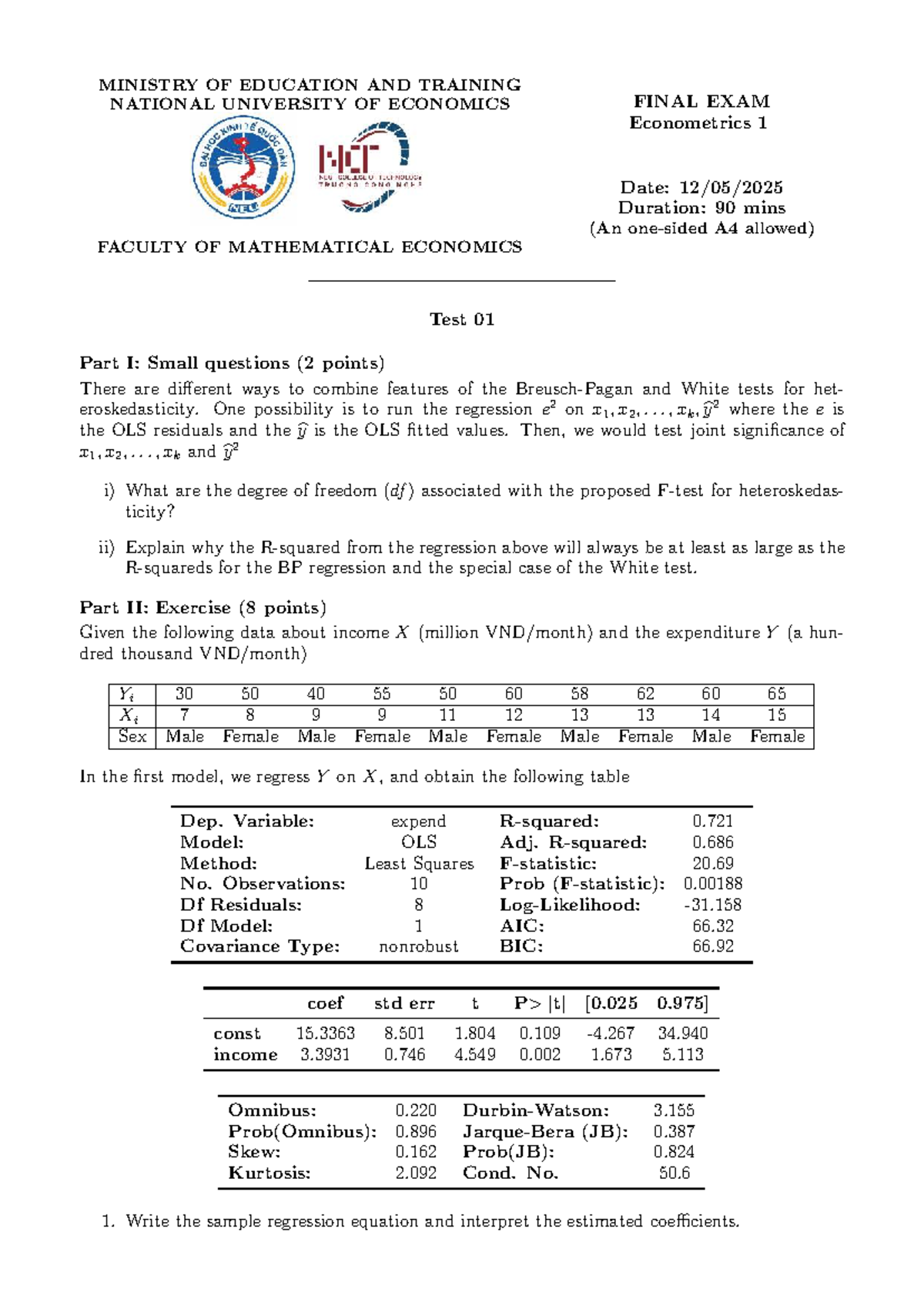 Final Exam Econometrics 1 (2025) - Comprehensive Test Overview - Studocu