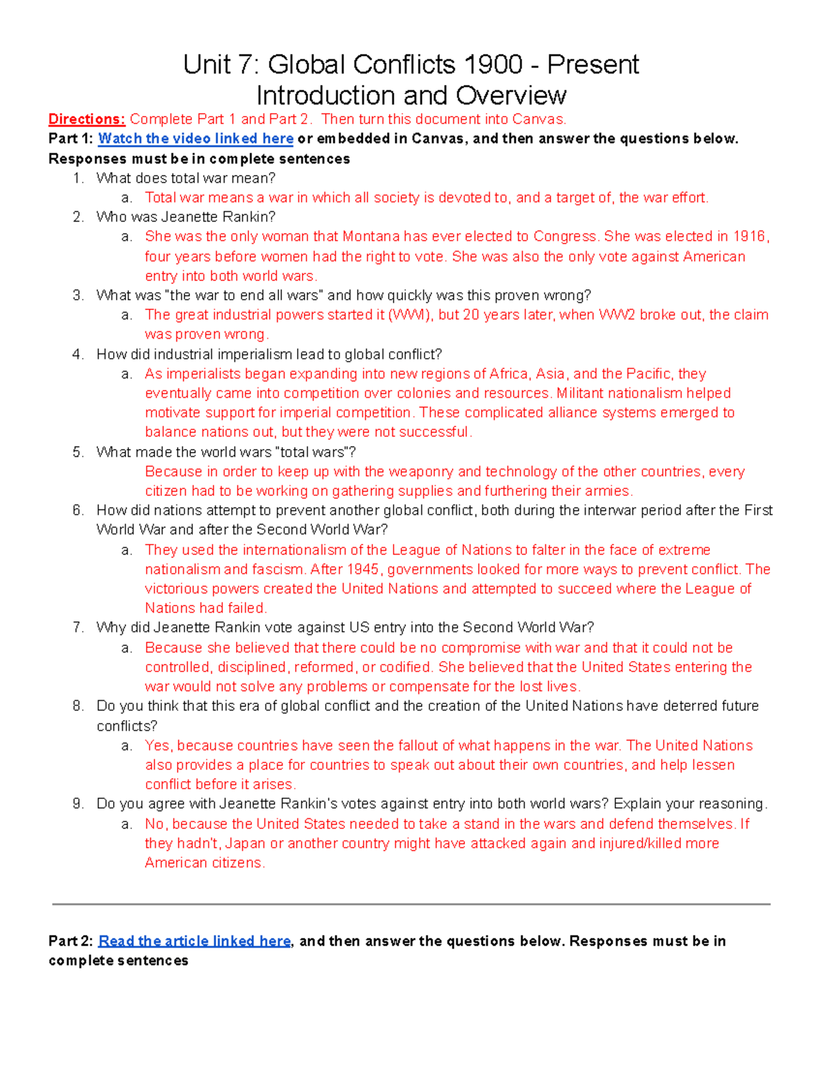 Unit 7 Global Conflicts 1900 - Present Introduction - Then turn this ...