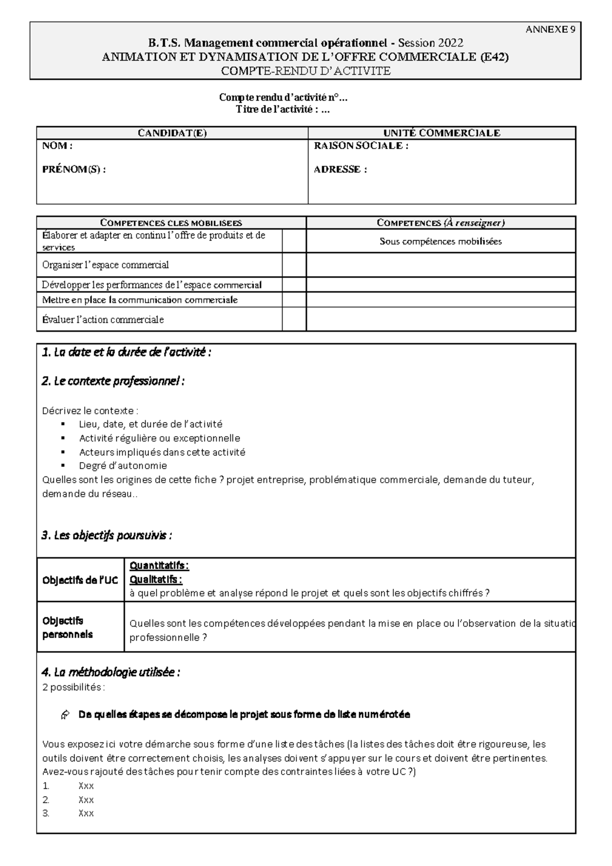 Fiche complétée Adoc - ANNEXE 9 B.T. Management commercial opérationnel - Session 2022 ANIMATION ...