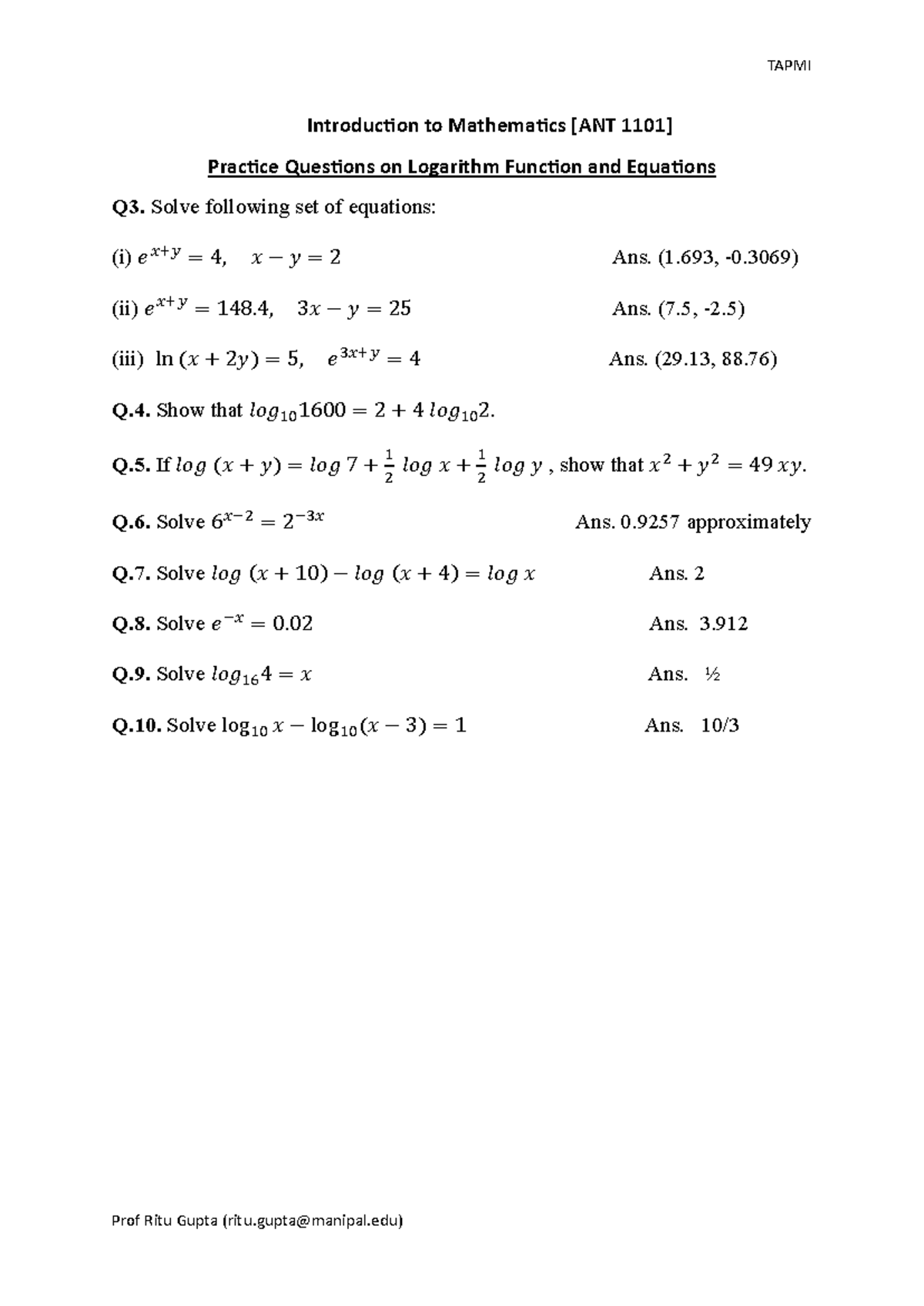 Practice Questions on Logarithm Function and Equations - Solve ...