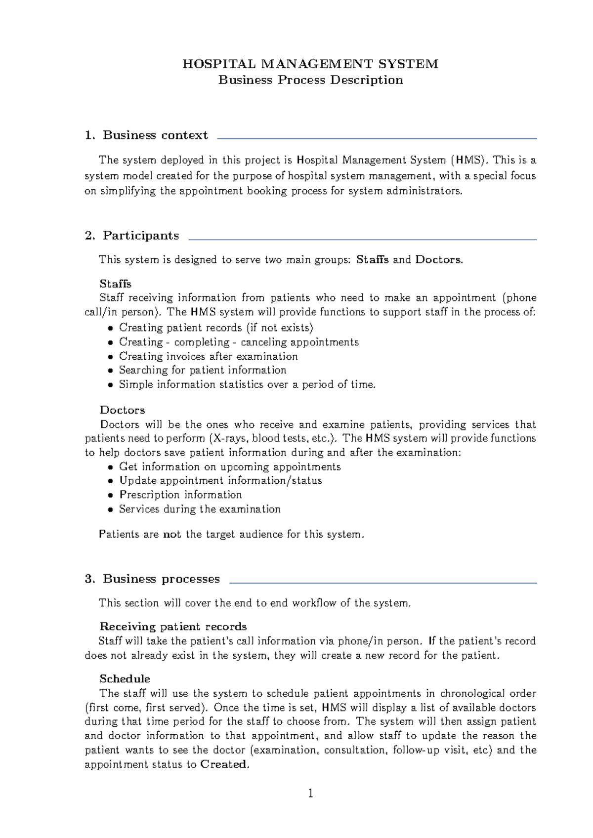 HMS Business Process Overview: Appointment Management System - Studocu