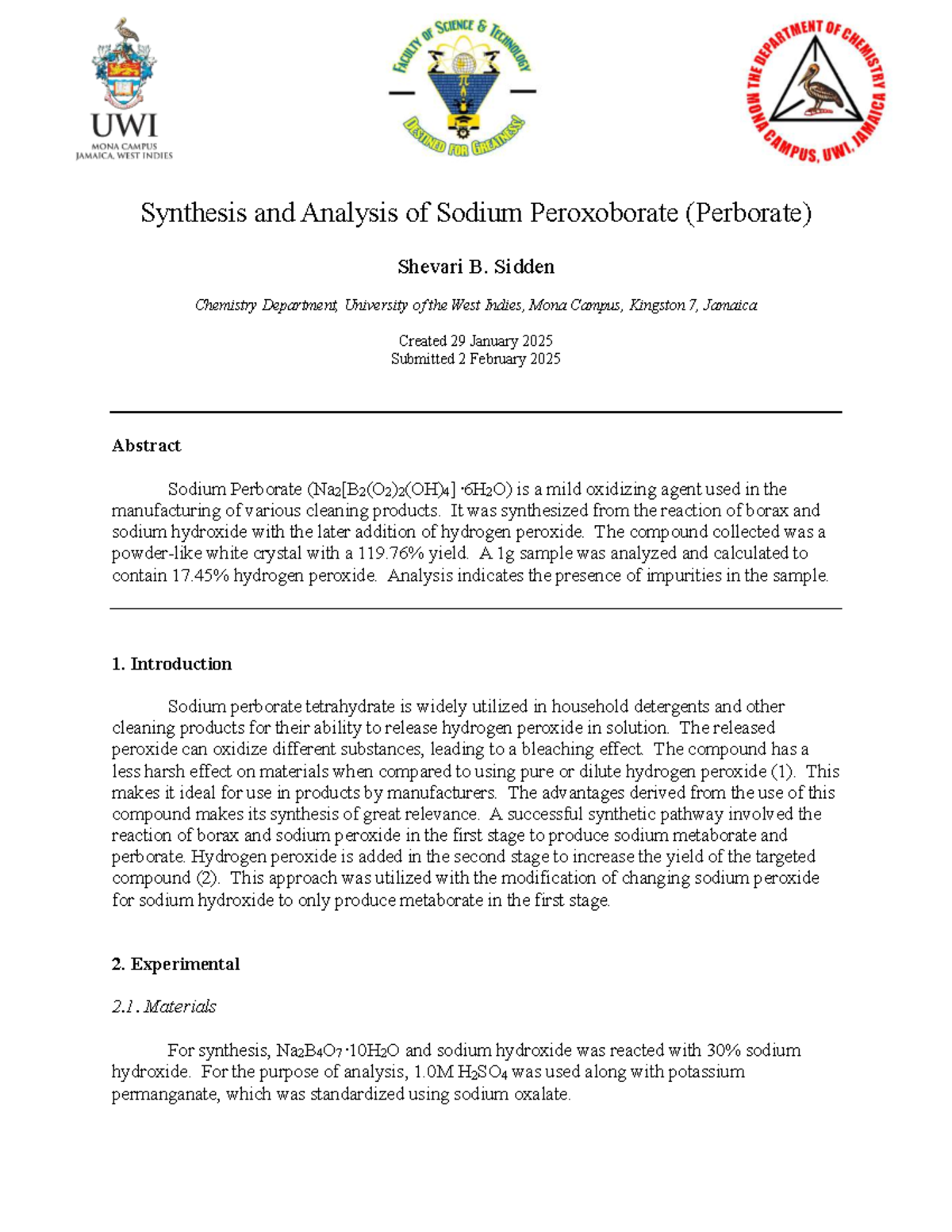 Synthesis and Analysis of Sodium Perborate (CHEM 101) - Studocu