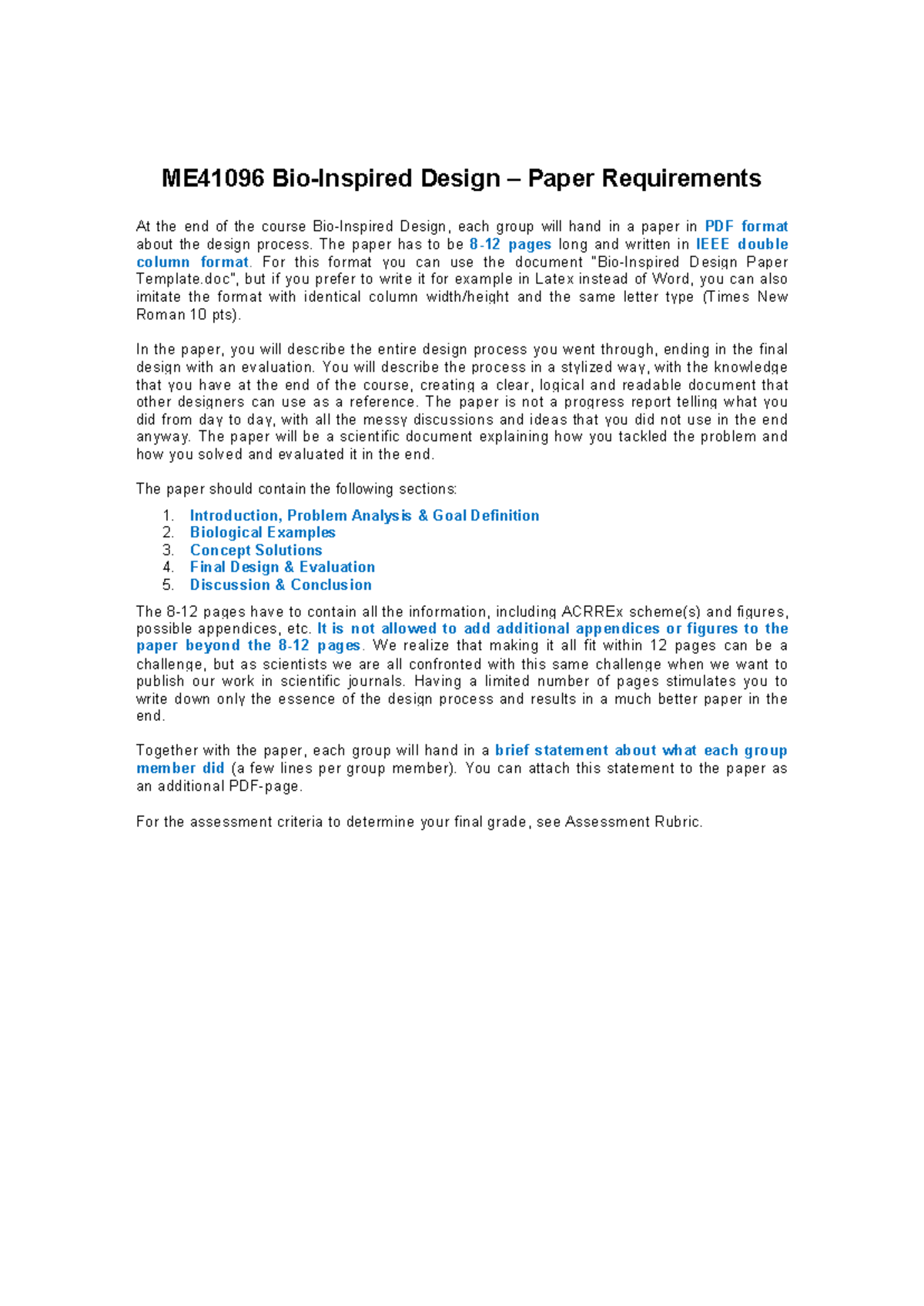 ME41096 Bio-Inspired Design: Paper Requirements & Guidelines - Studeersnel
