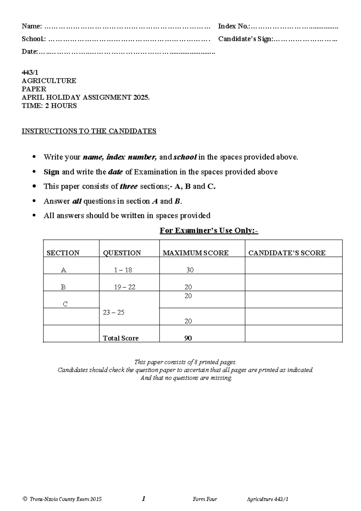 Agric PP1 - April Holiday Assignment 2025 for Form Four Students - Studocu