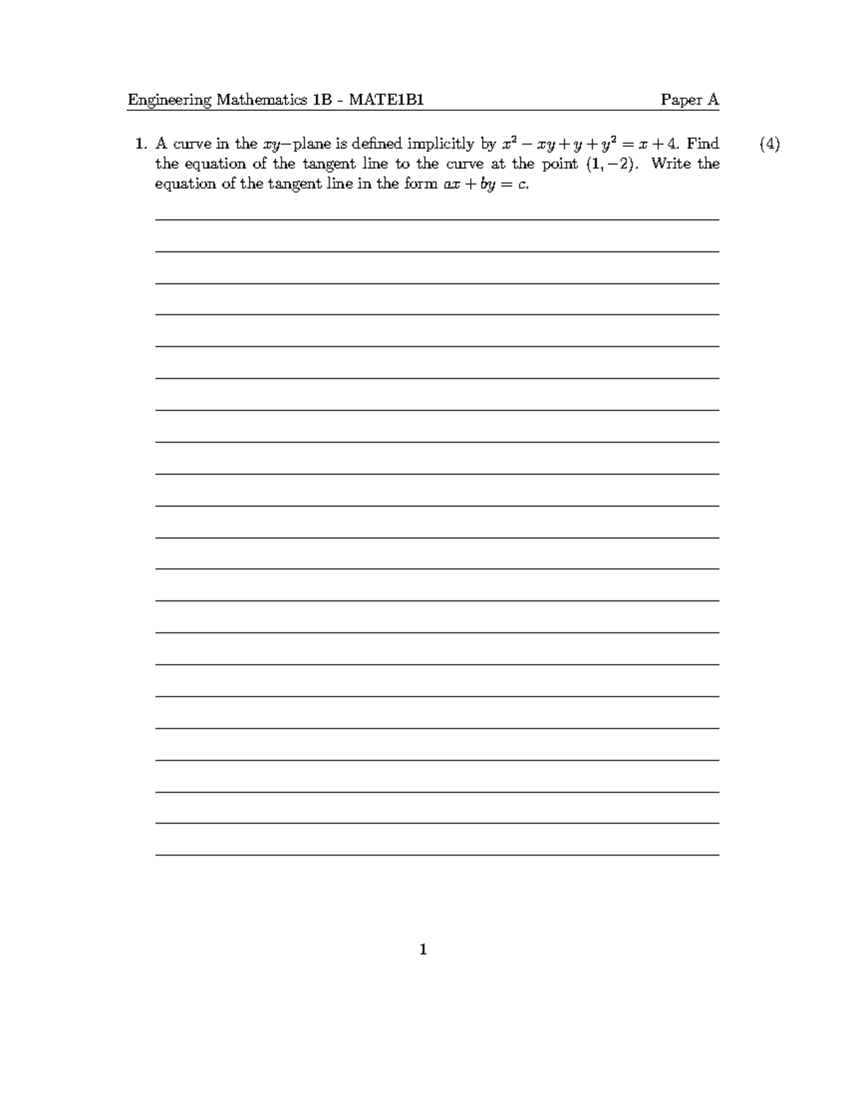 Engineering Mathematics 1B MATE1B1 Paper A Solutions and Problems - Studocu