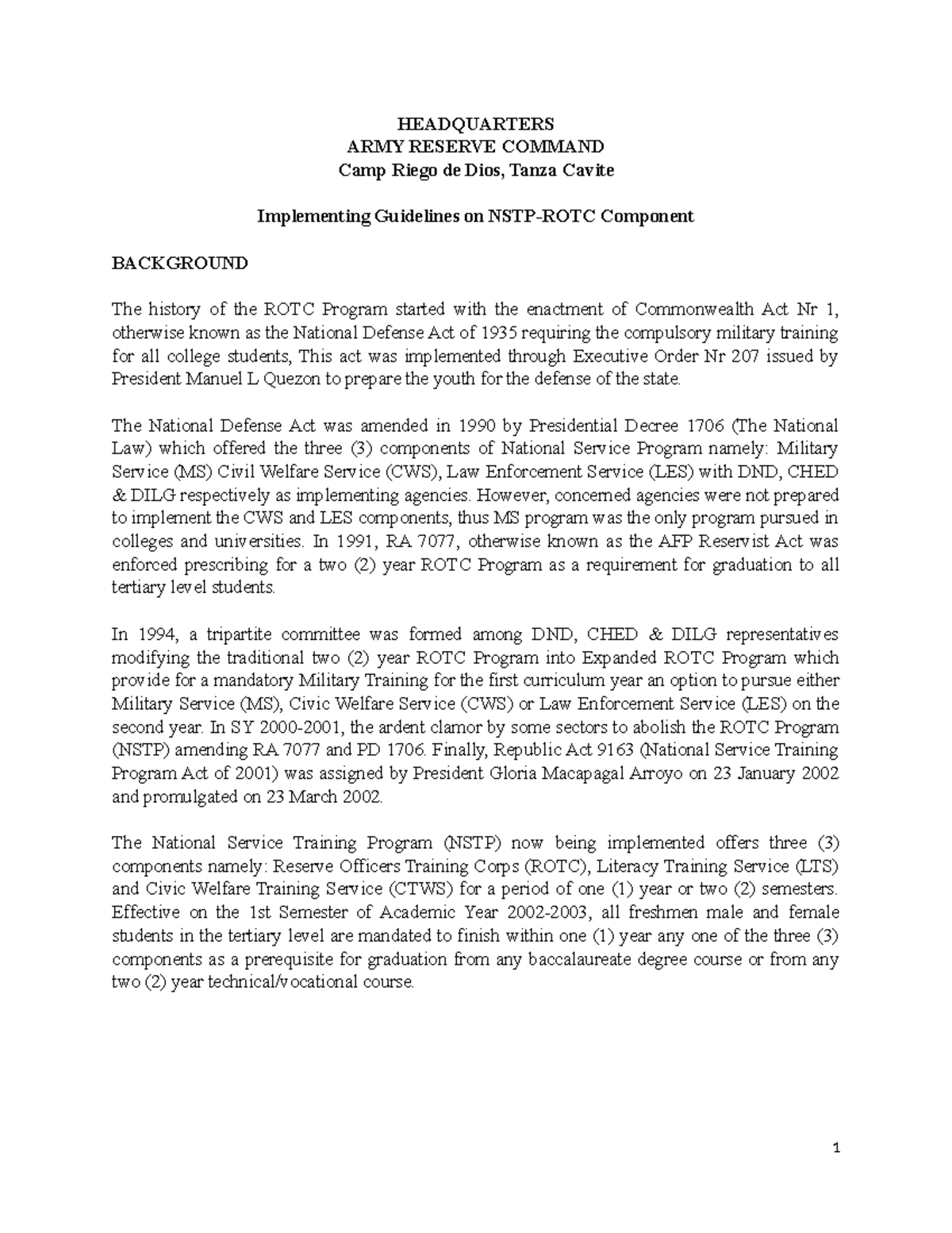 Implementing Guidelines for NSTP-ROTC Program Training - Studocu