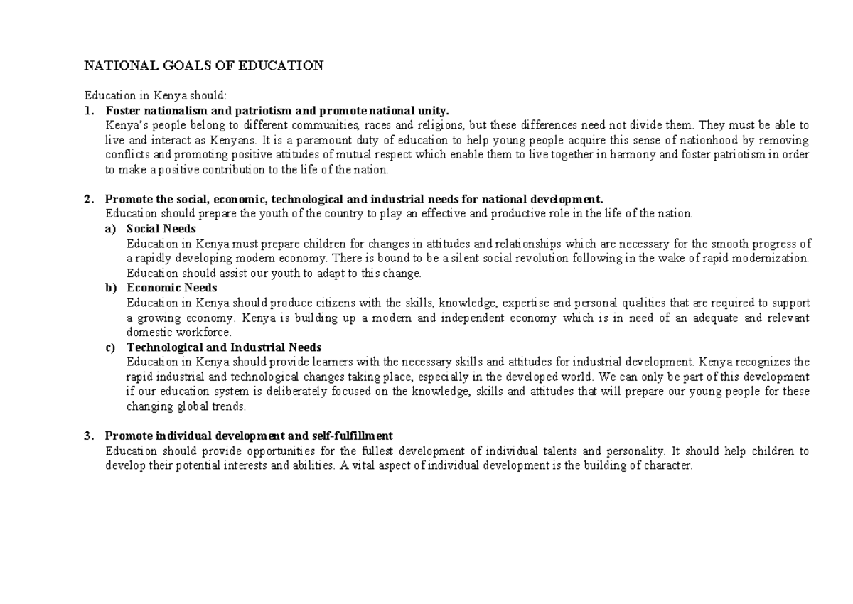 NATIONAL GOALS OF EDUCATION IN KENYA: A CURRICULUM PERSPECTIVE - Studocu