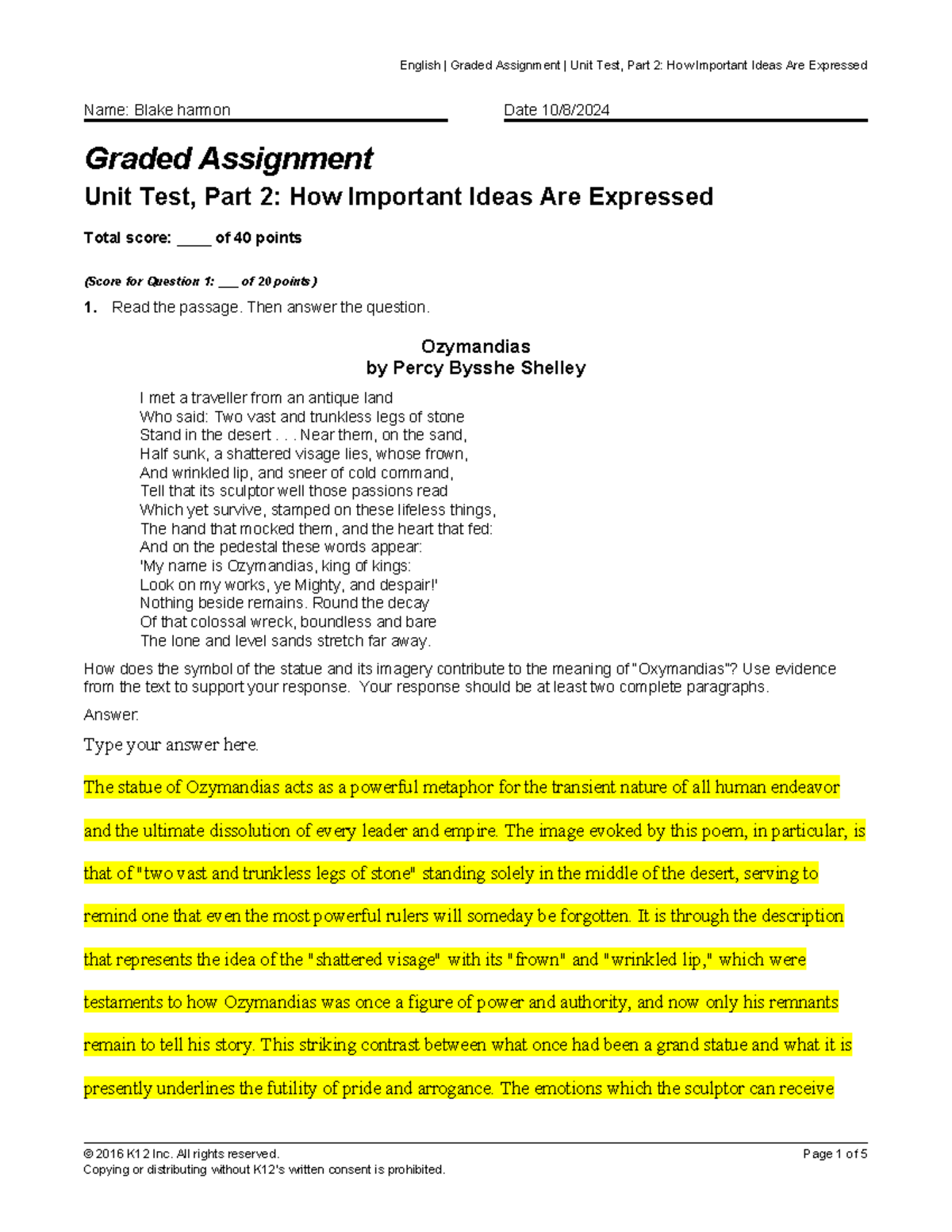 English Graded Assignment Unit Test: Analyzing Ozymandias and Lincoln's ...