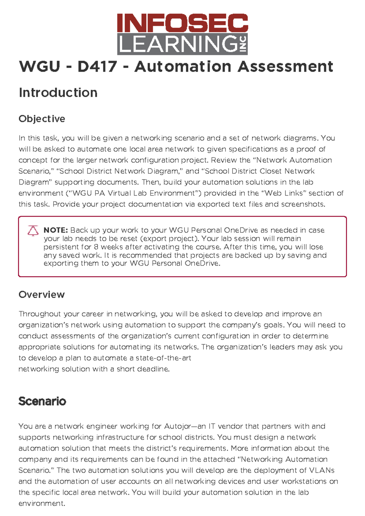 WGU D417 Automation Assessment: Lab Instructions for Networking ...
