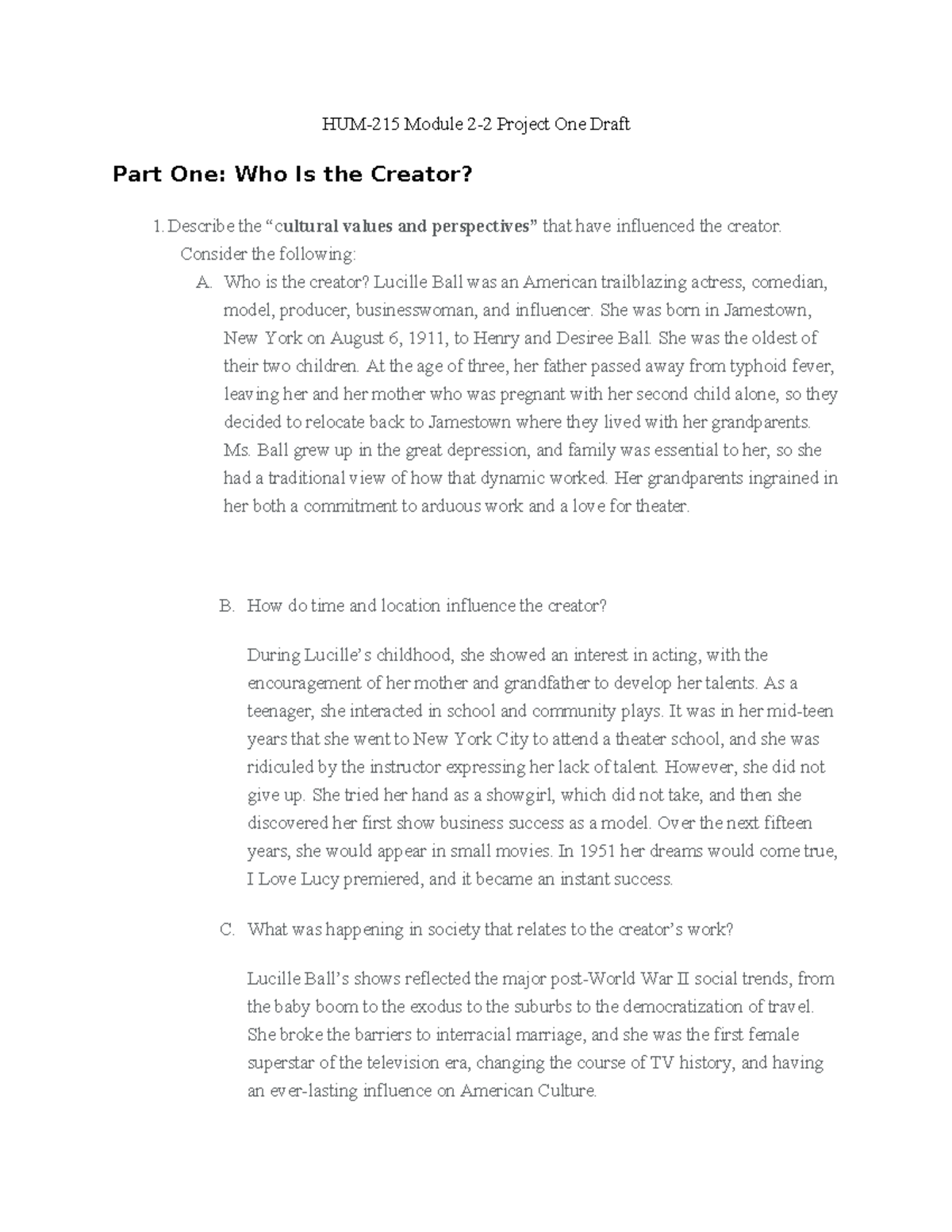 HUM-215 Module 2-2 Project One Draft: The Impact of Lucille Ball's ...