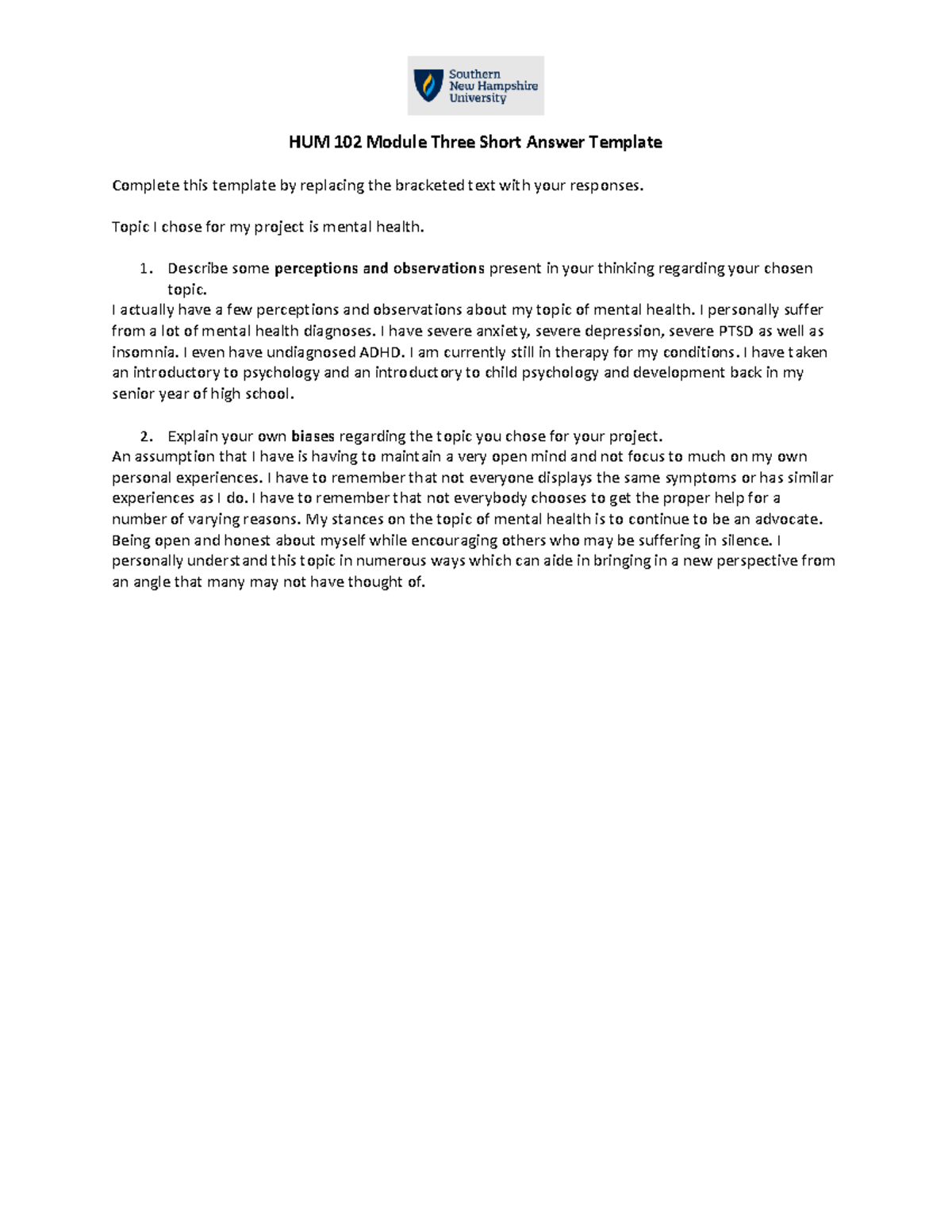 HUM 102 Module 3 Short Answer: Mental Health Biases & Assumptions - Studocu