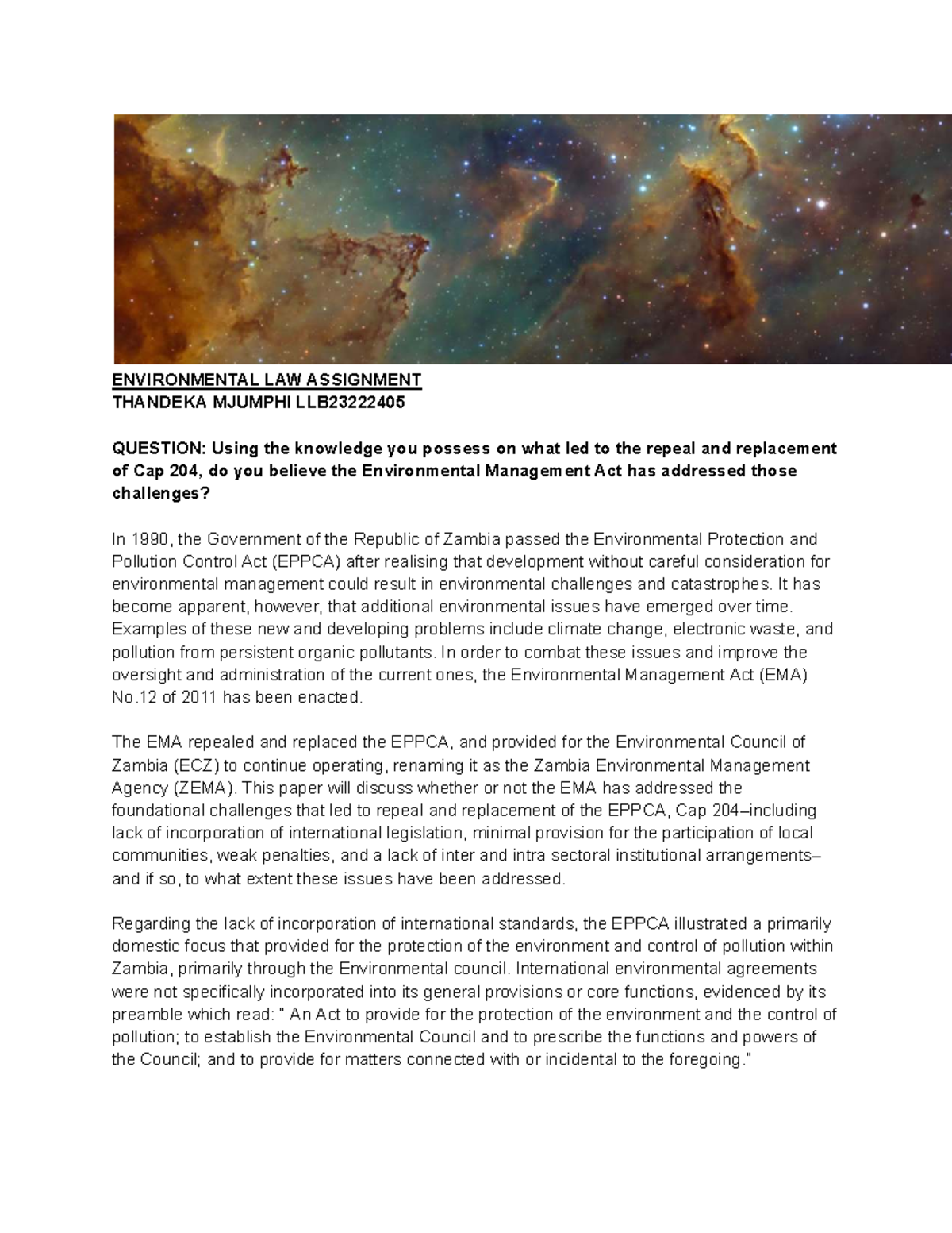 Environmental Law Assignment: Evaluating the EMA's Impact on EPPCA ...