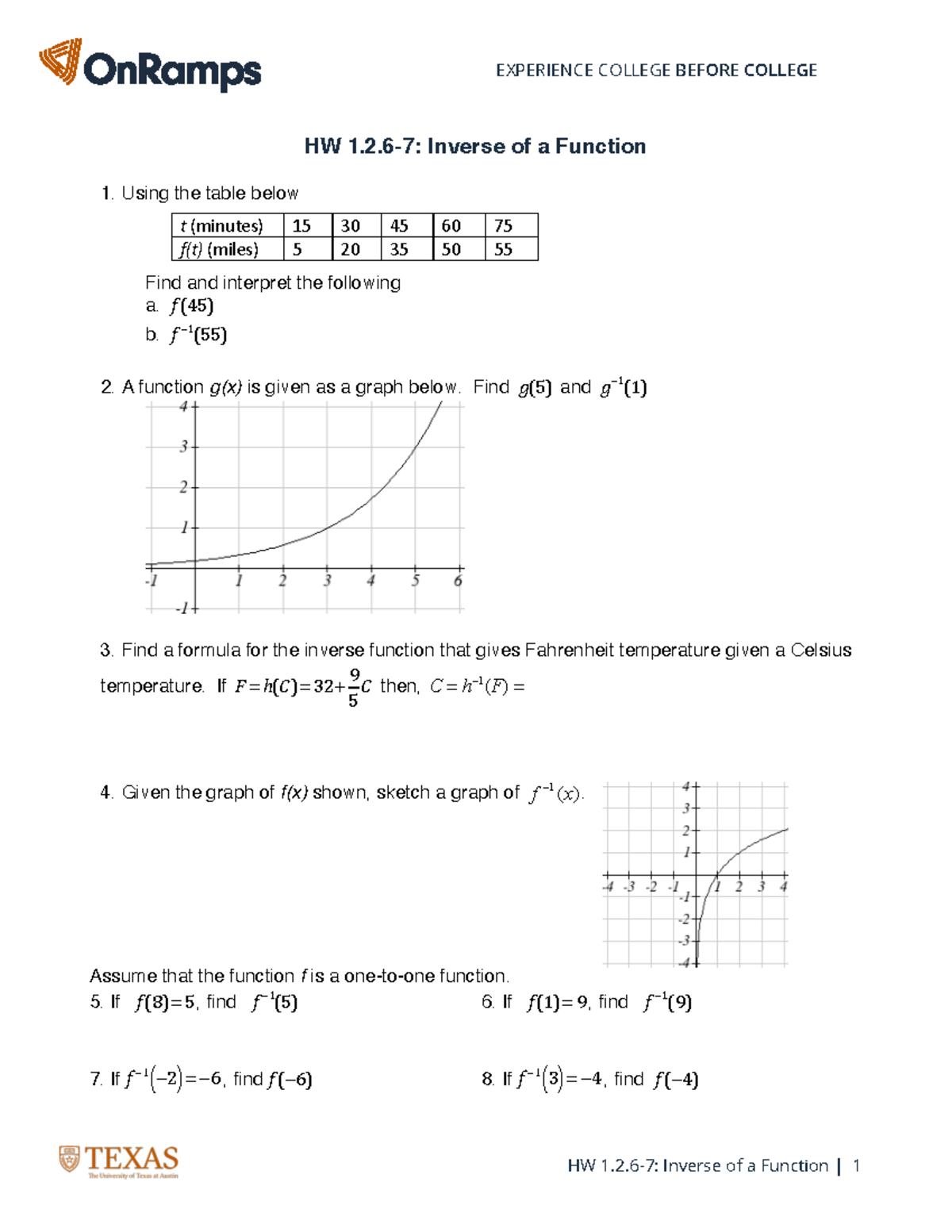 HW 1.2.6-7: Finding Inverses of Functions and Their Interpretations ...