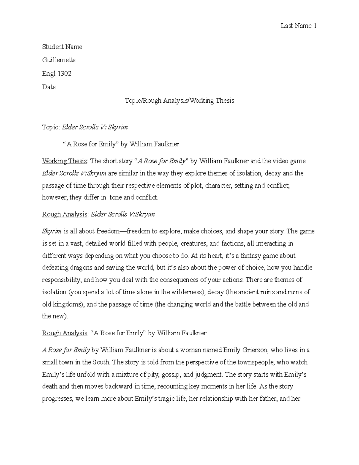 Engl 1302 Essay Notes: Themes in Skyrim & Faulkner's A Rose for Emily ...