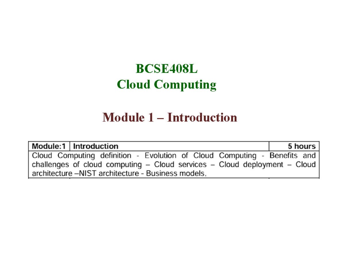 BCSE408L Cloud Computing Module 1: Overview of Cloud Architecture - Studocu