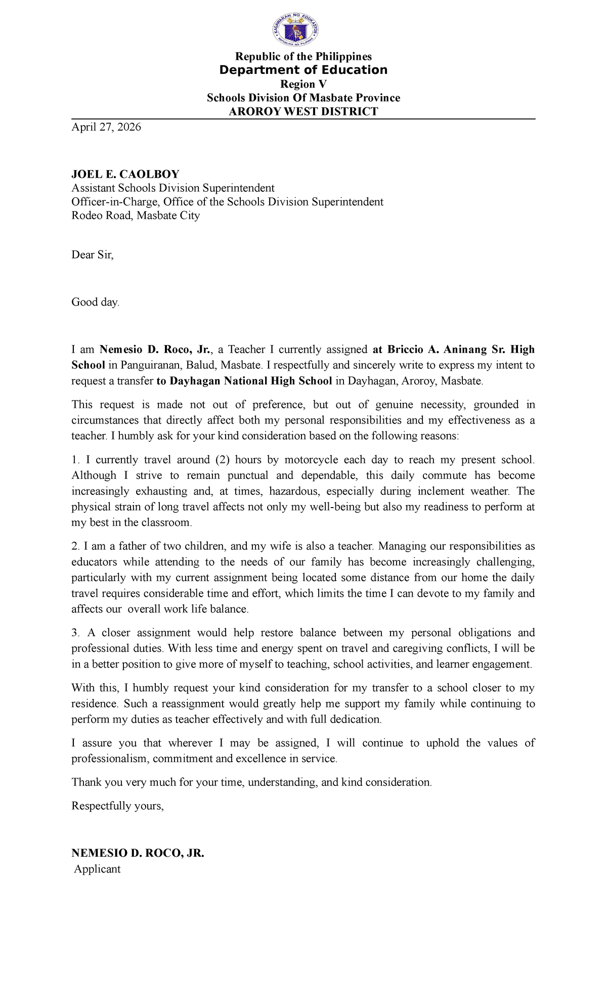 Letter of Intent for Teacher Transfer - NEMESIO D. ROCO, JR. - Studocu
