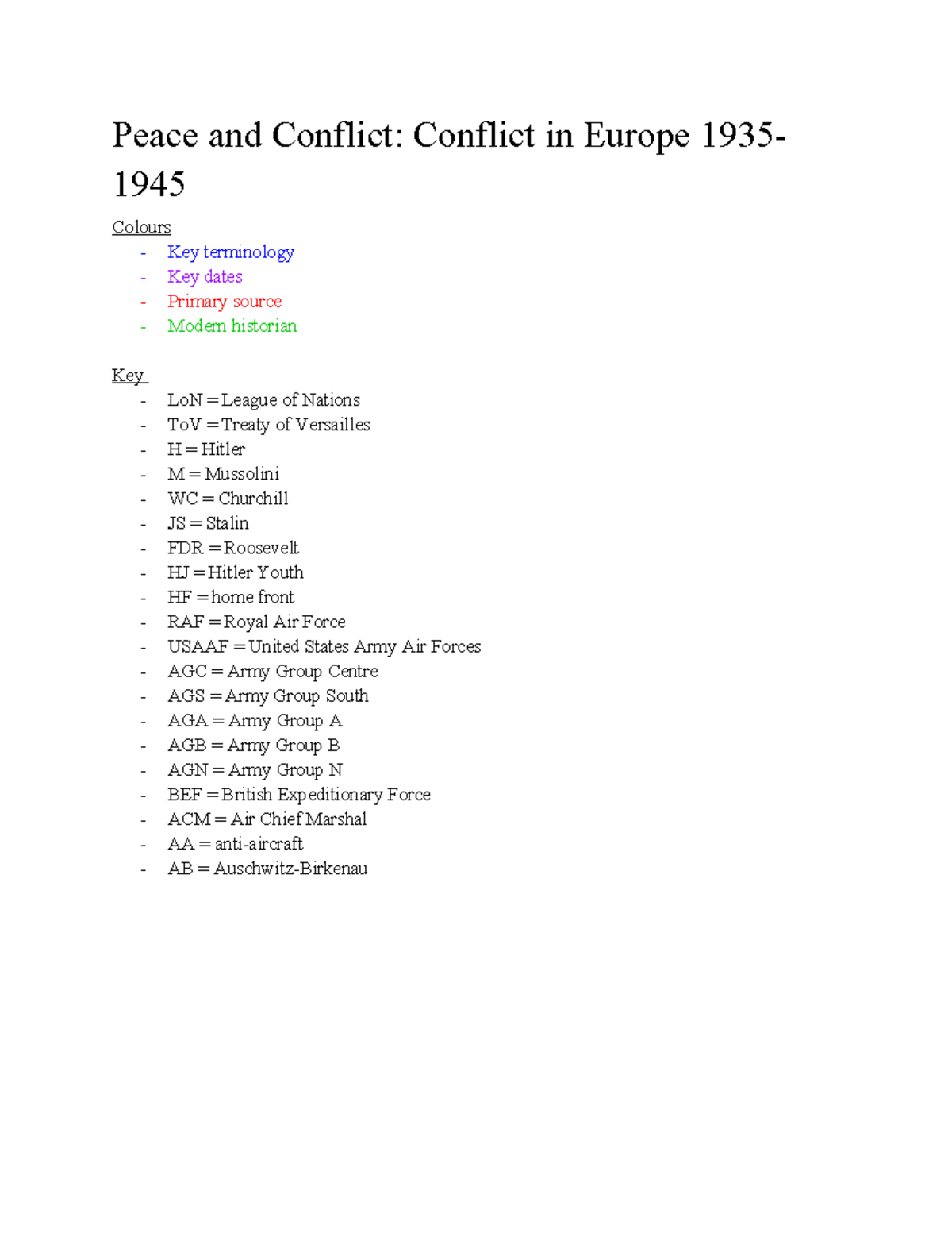 MH Conflict in Europe 1935-1945: Key Events and Historiography - Studocu